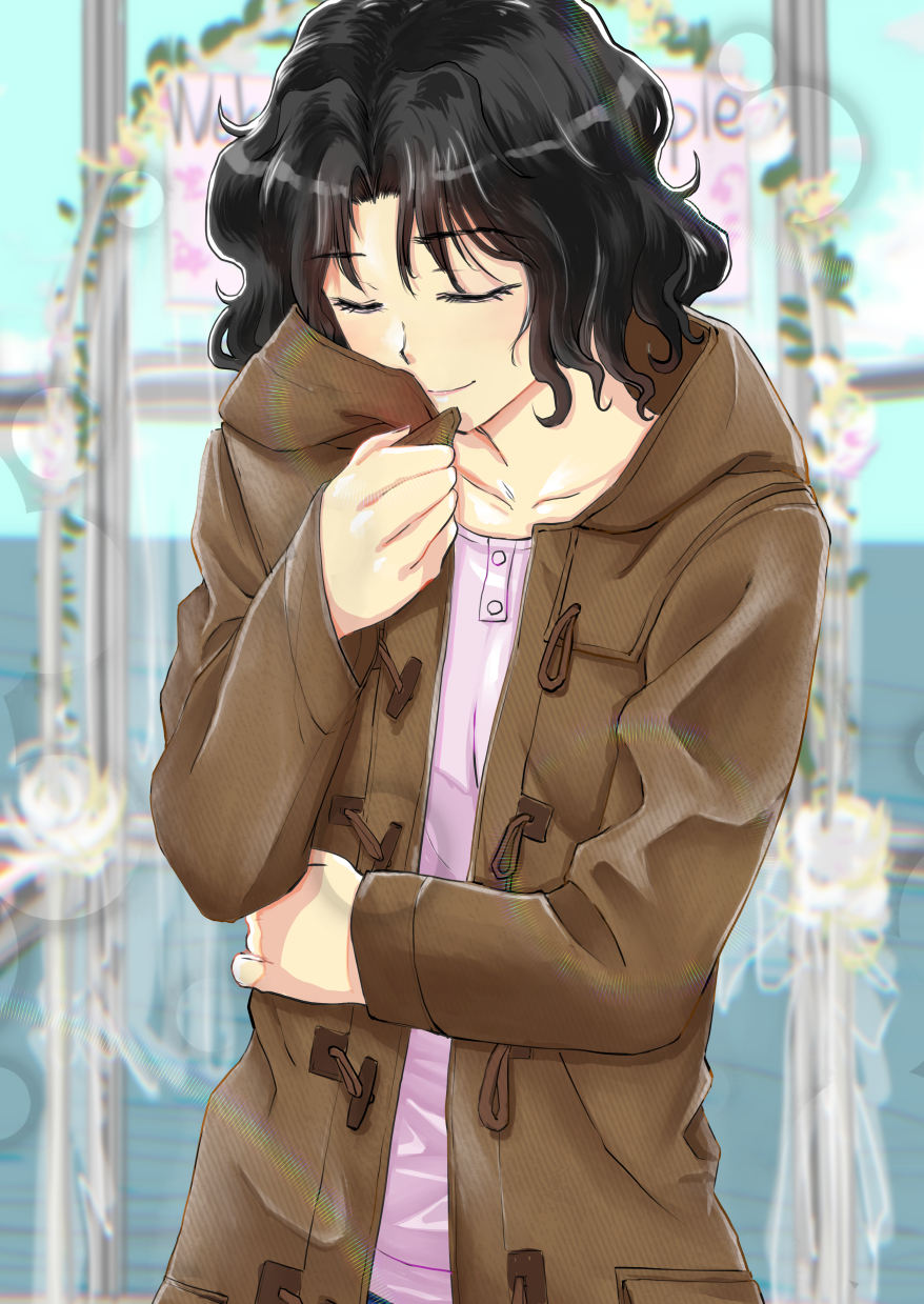 Safebooru - 1girl amagami black hair brown coat closed eyes closed mouth coat commentary highres ...
