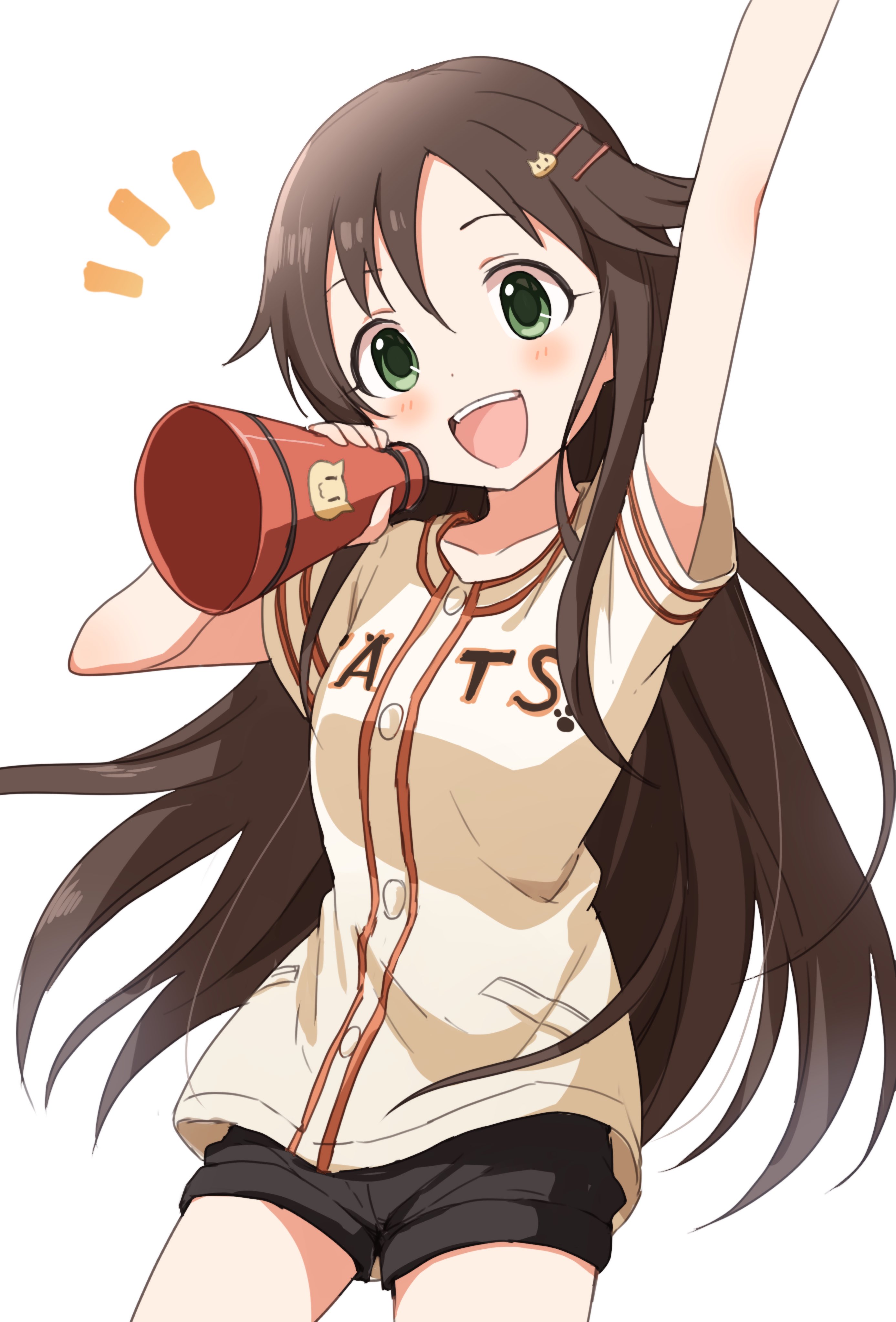 Safebooru - 1girl :d absurdres arm up baseball uniform black shorts blush brown hair buchi ...