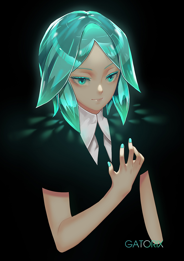 Safebooru - 1other androgynous aqua eyes aqua hair aqua nails artist name black background black ...