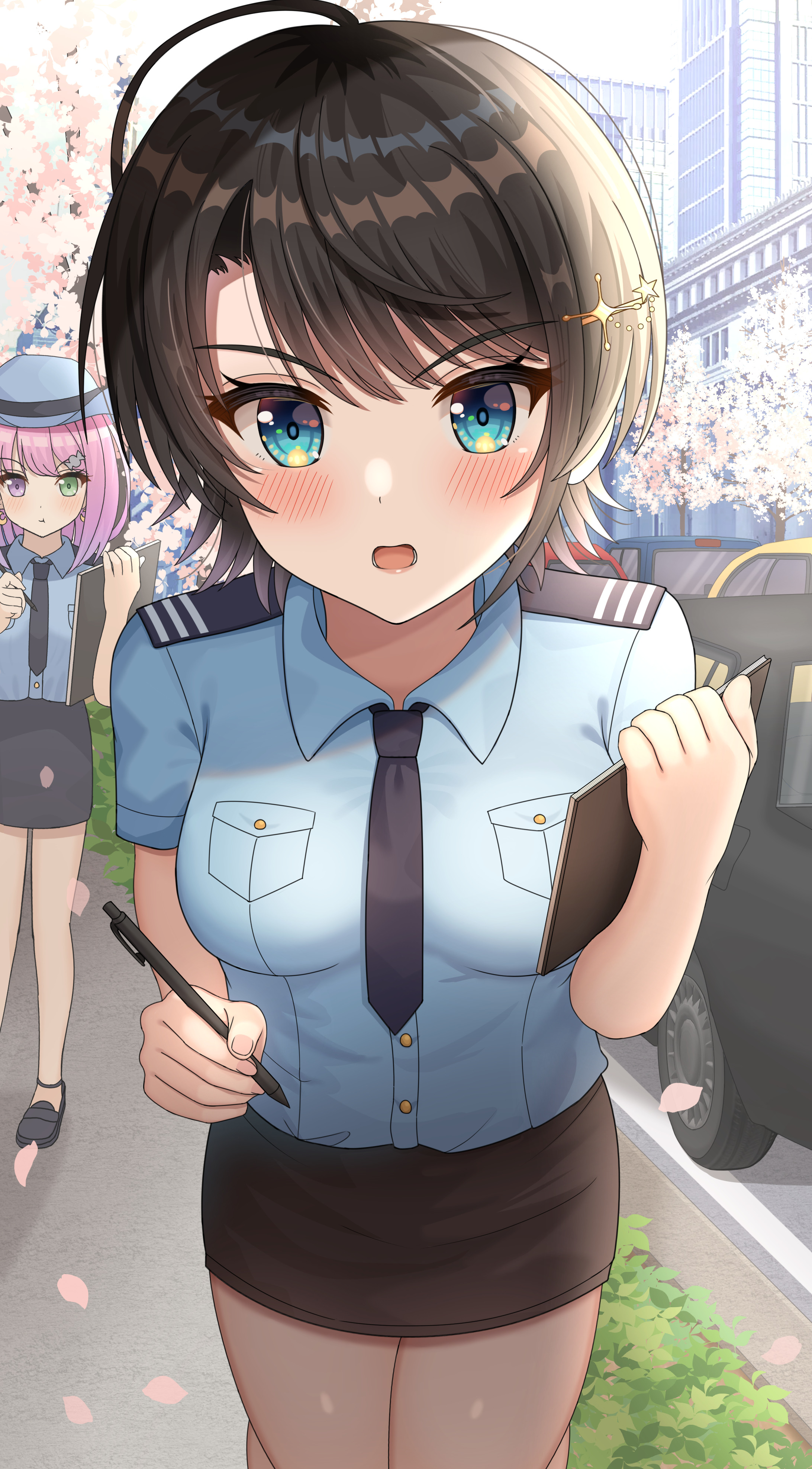 Safebooru - 2girls absurdres ahoge black footwear black hair black necktie black skirt blue eyes ...