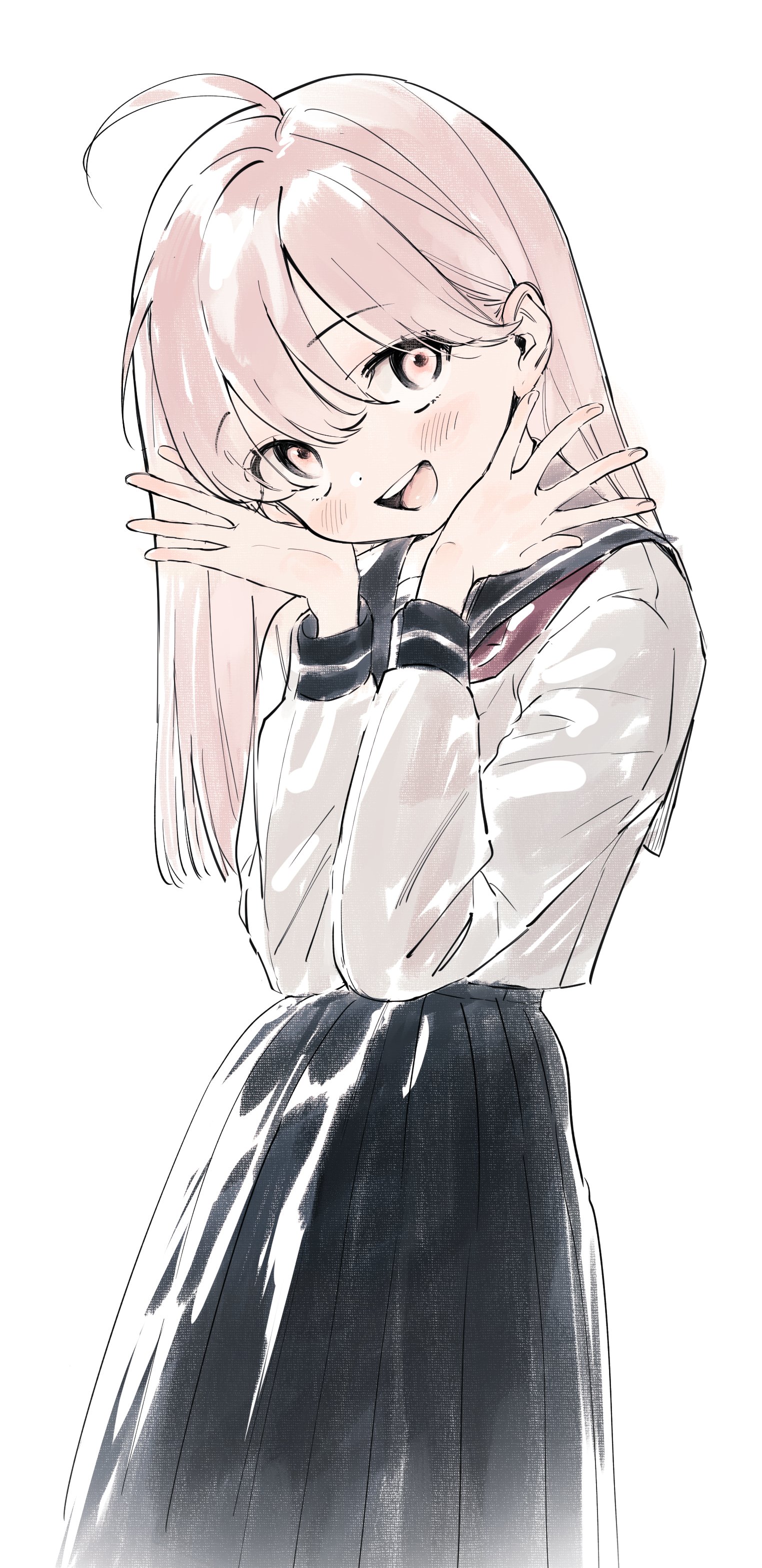 Safebooru - 1girl :d absurdres ahoge black sailor collar black skirt blush hands on own face ...