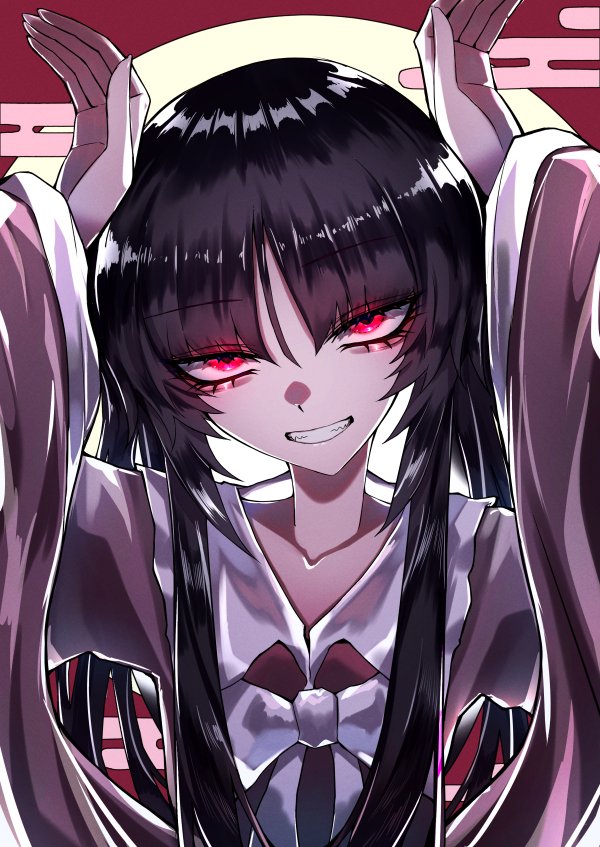 Safebooru - 1girl 33 gaff arms up black hair bow bowtie collared shirt copyright request frills ...