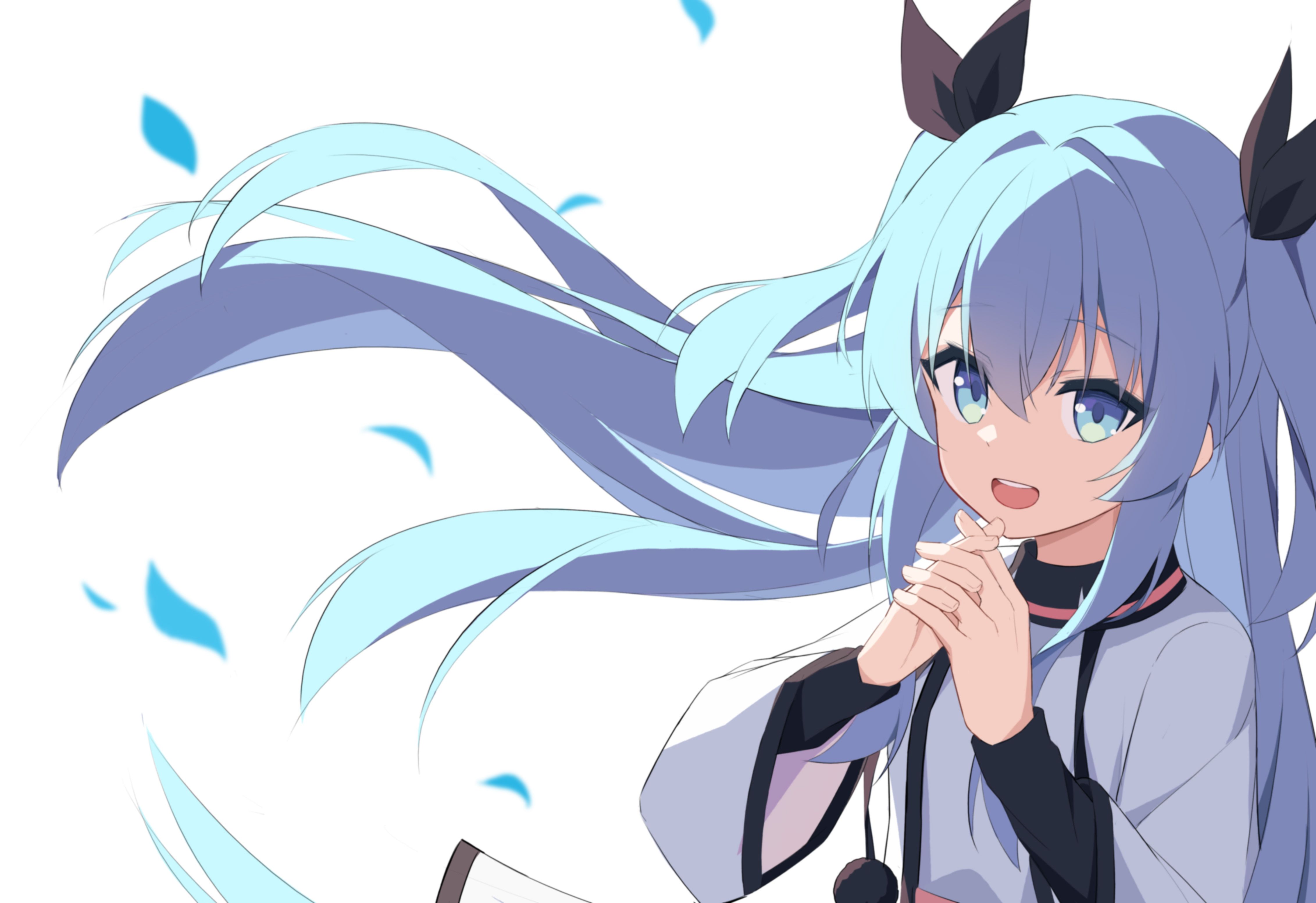 Safebooru - 1girl :d absurdres black bow blue eyes blue hair bow dress floating hair hair ...
