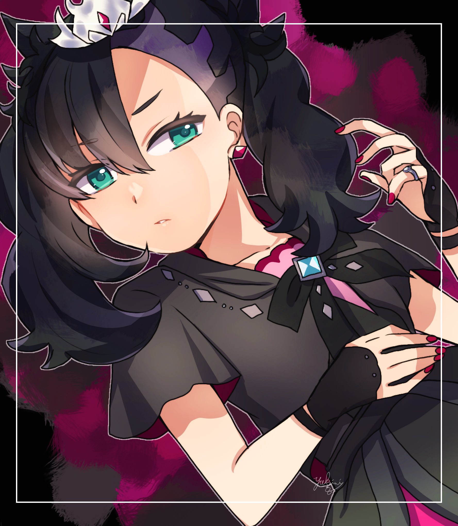 Safebooru - asymmetrical bangs black dress black hair dress earrings fingerless gloves gloves ...