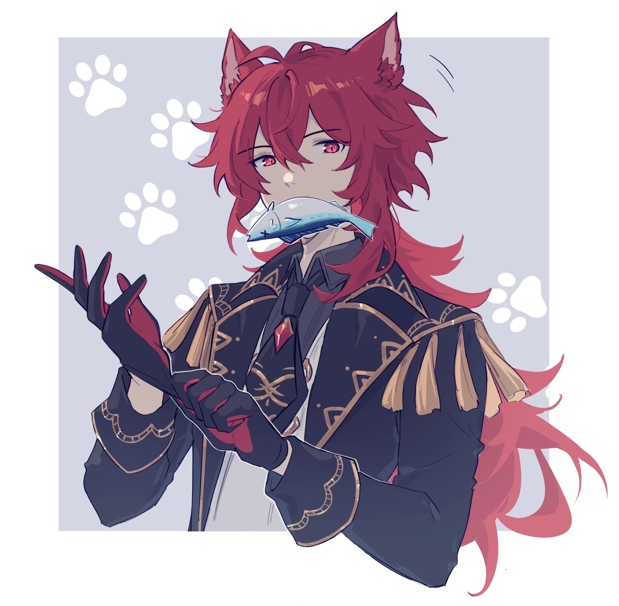 Safebooru - 1boy adjusting clothes adjusting gloves animal ears black coat black gloves black ...