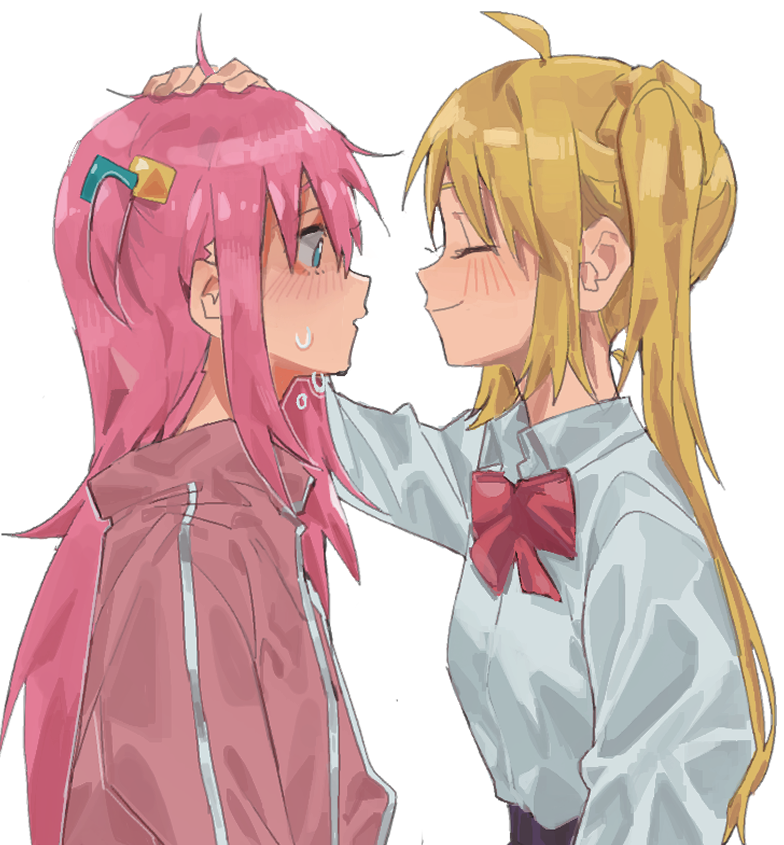 Safebooru - 2girls ahoge blonde hair blue eyes blush bocchi the rock! bow bowtie closed eyes ...