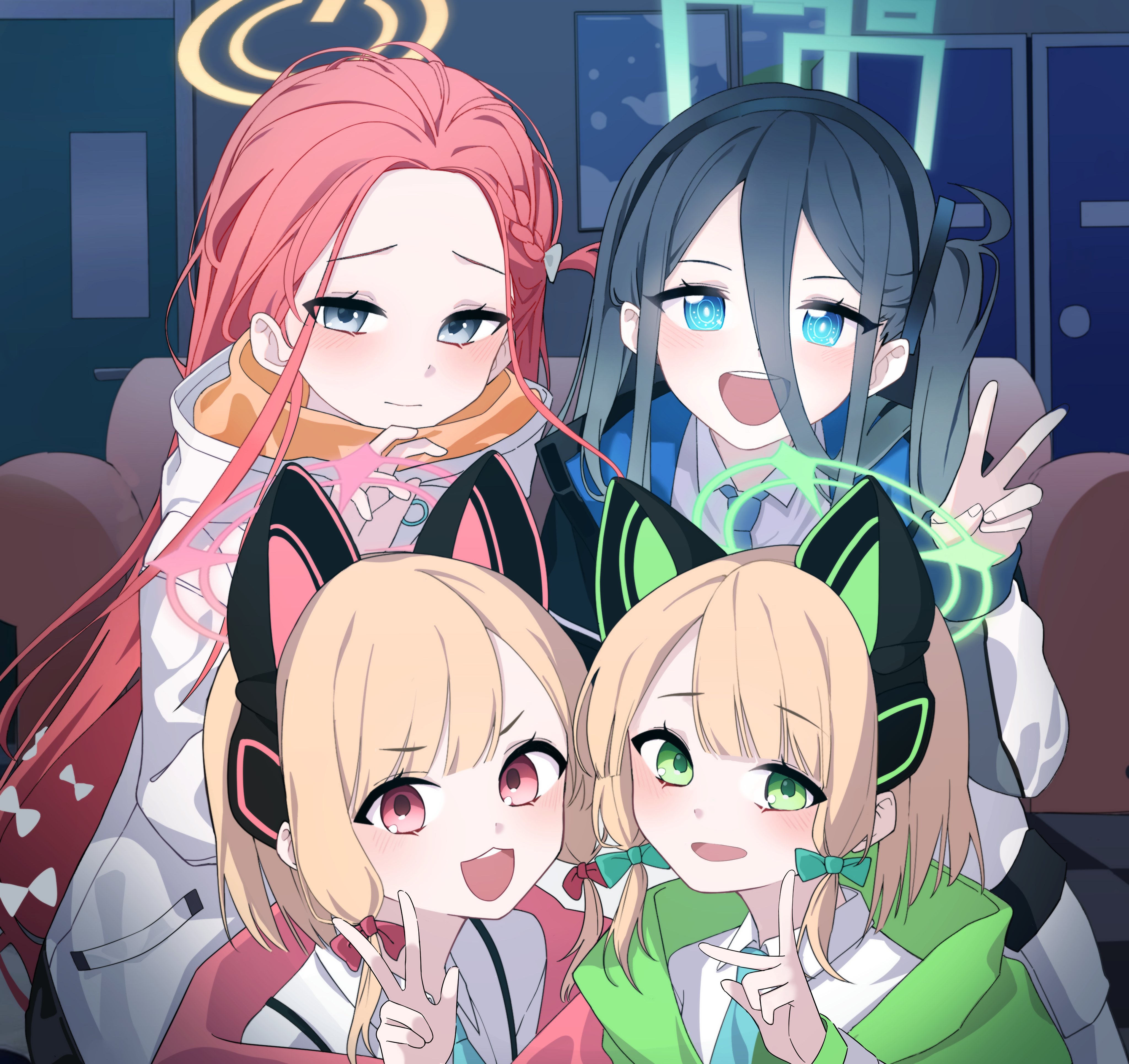 Safebooru - 4girls :d absurdres animal ear headphones animal ears aris (blue archive) black ...