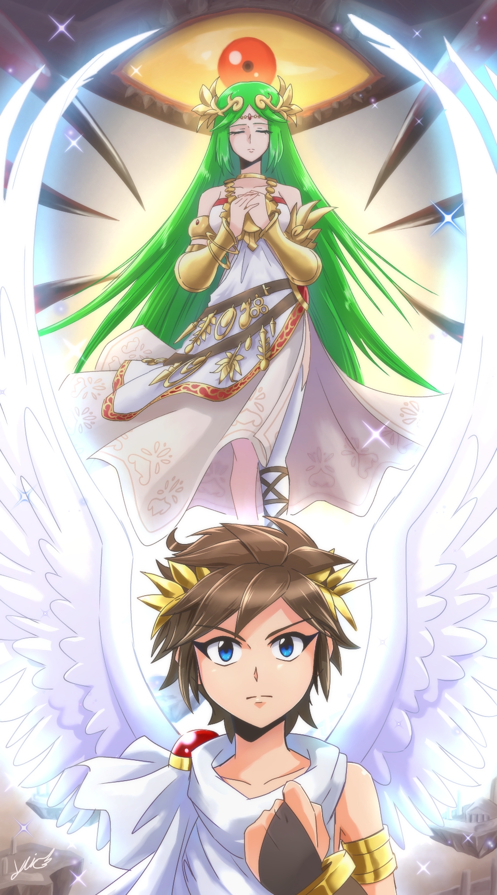 Safebooru - 1boy 1girl 1other angel angel wings blue eyes brown hair ...