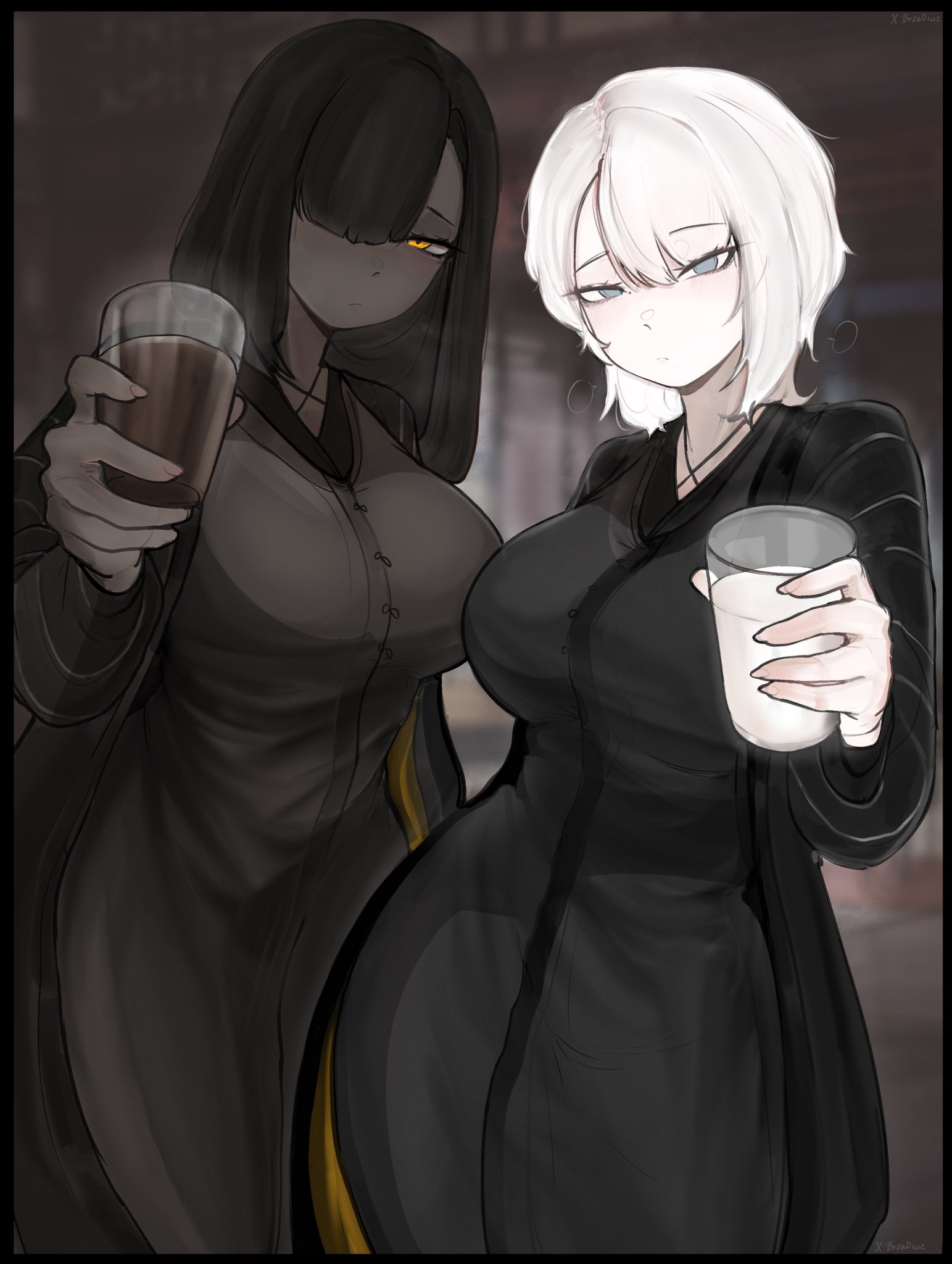 Safebooru - 2girls black coat black hair black hanfu blue eyes breadiwe ...