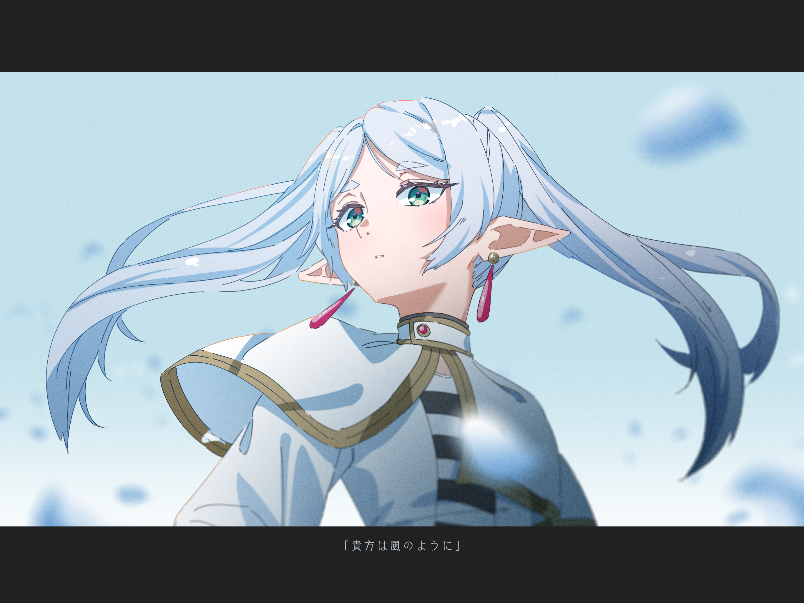 Safebooru - 1girl capelet double-parted bangs elf frieren green eyes ...