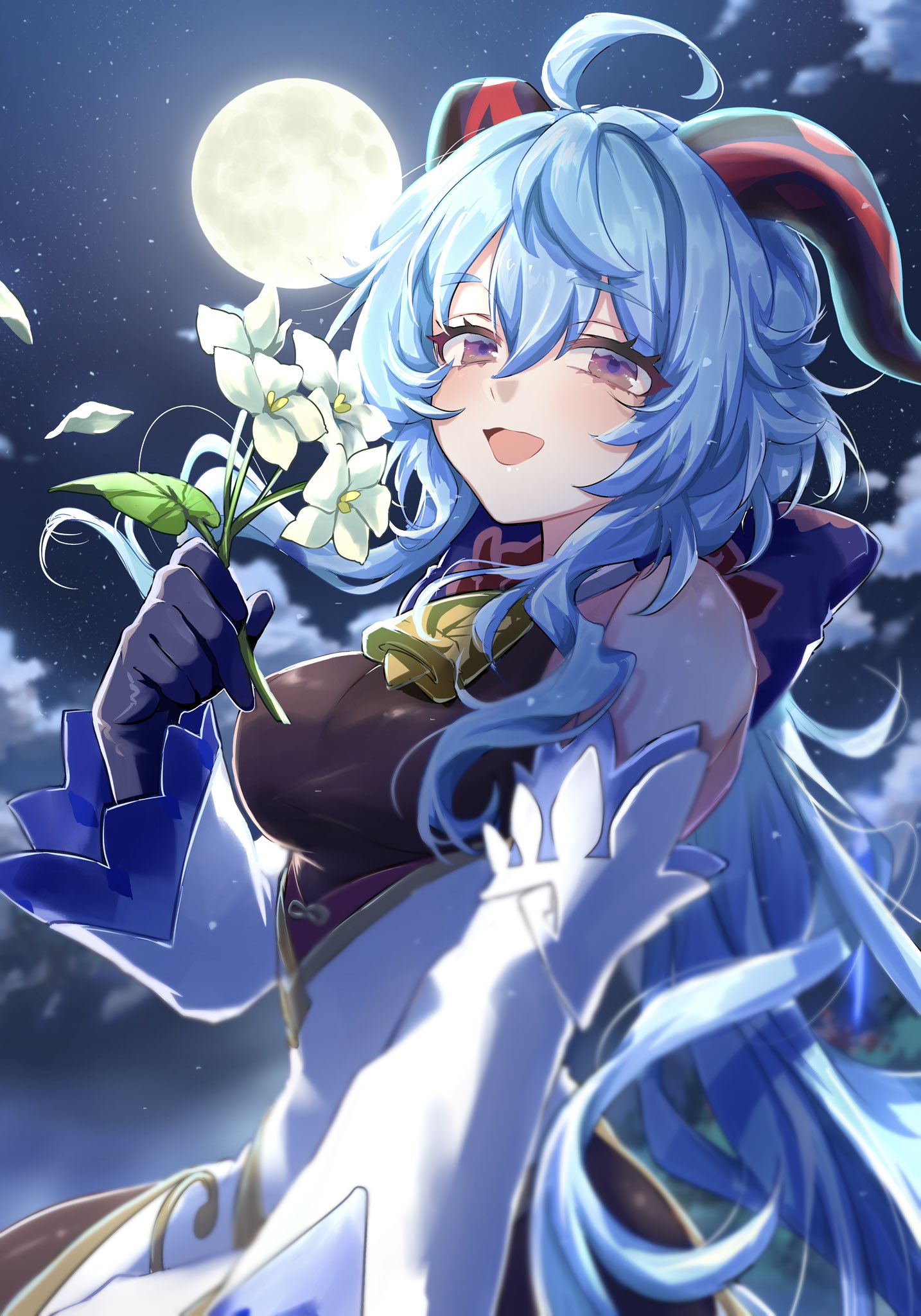 Safebooru - 1girl ahoge bare shoulders bell blue hair blush bow breasts ...