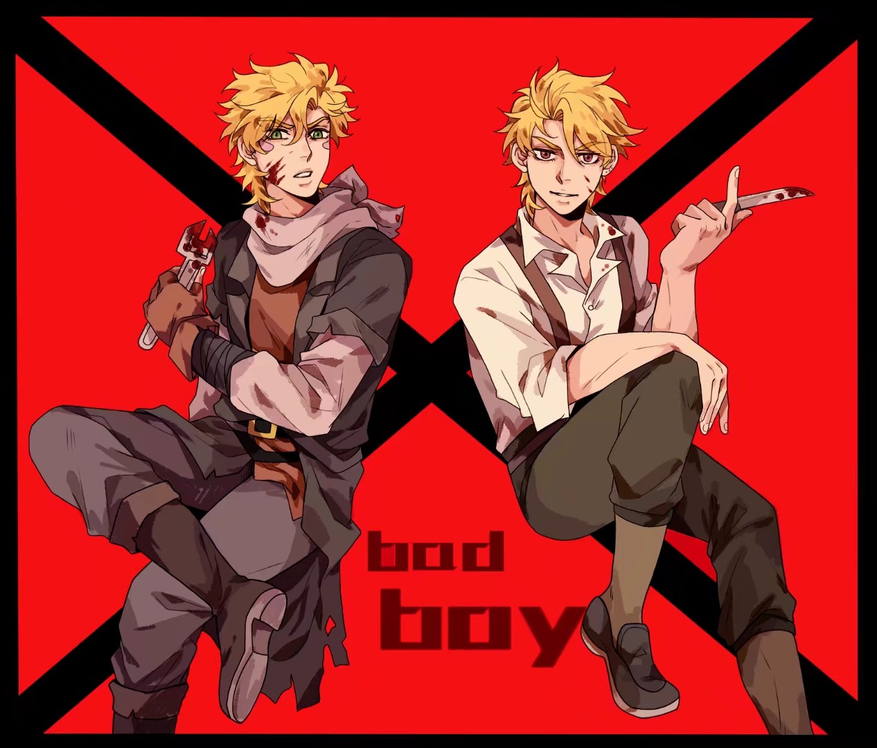 Safebooru - 2boys aged down battle tendency blonde hair blood blood on face blood on weapon ...