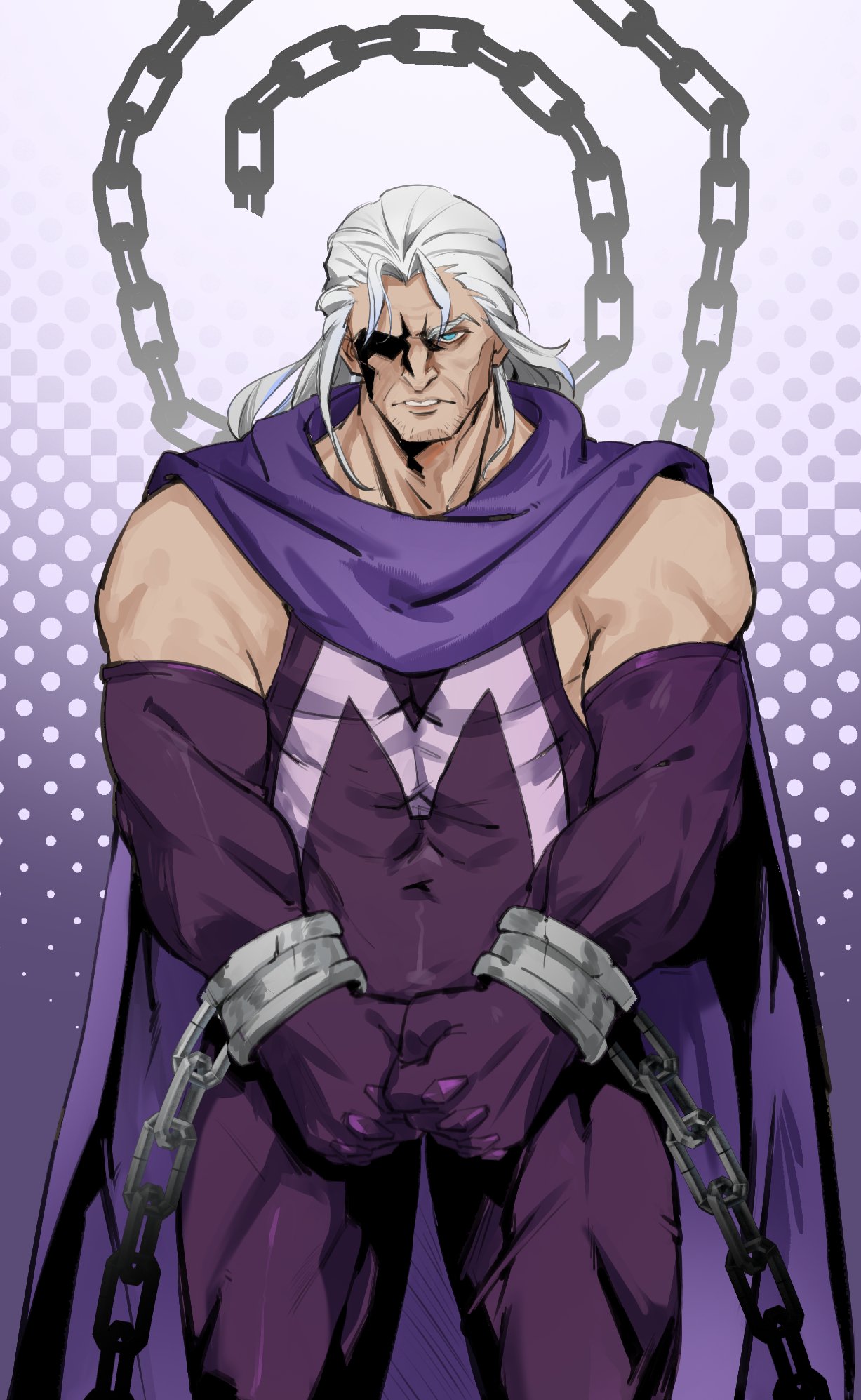 Safebooru - 1boy blue eyes bodysuit bound bound wrists cape chain ...