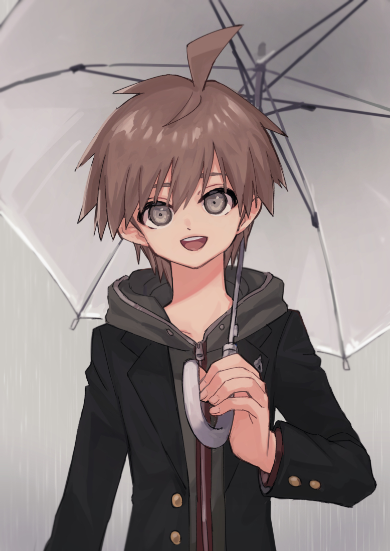 Safebooru - 1boy :d ahoge black jacket brown eyes brown hoodie cheeseko ...