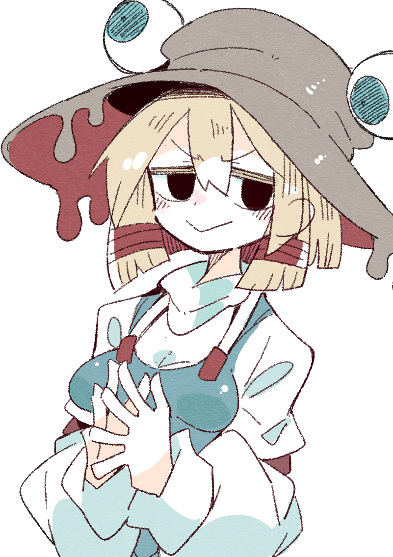 Safebooru - 1girl :> black eyes blonde hair breasts brown headwear closed mouth long sleeves ...