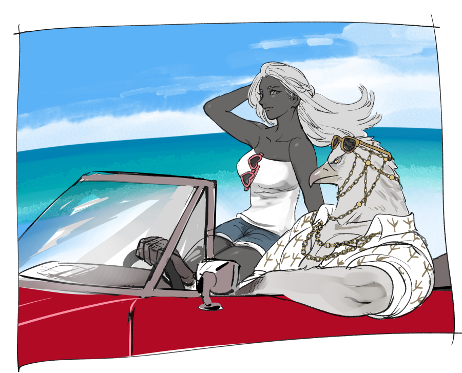 Safebooru - 1boy 1girl animal head arm up beak bird boy black skin blue ...