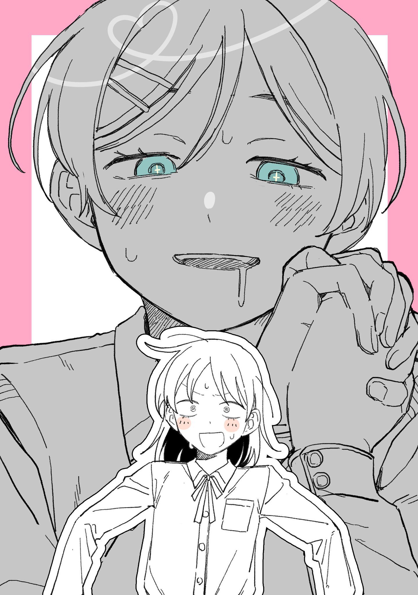 Safebooru - 2girls :d ahoge blue eyes blush border breast pocket ...