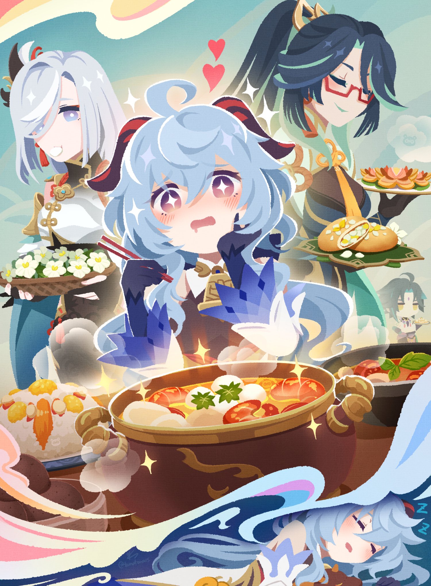 Safebooru - 1boy 3girls adeptus' temptation (genshin impact) ahoge bell ...