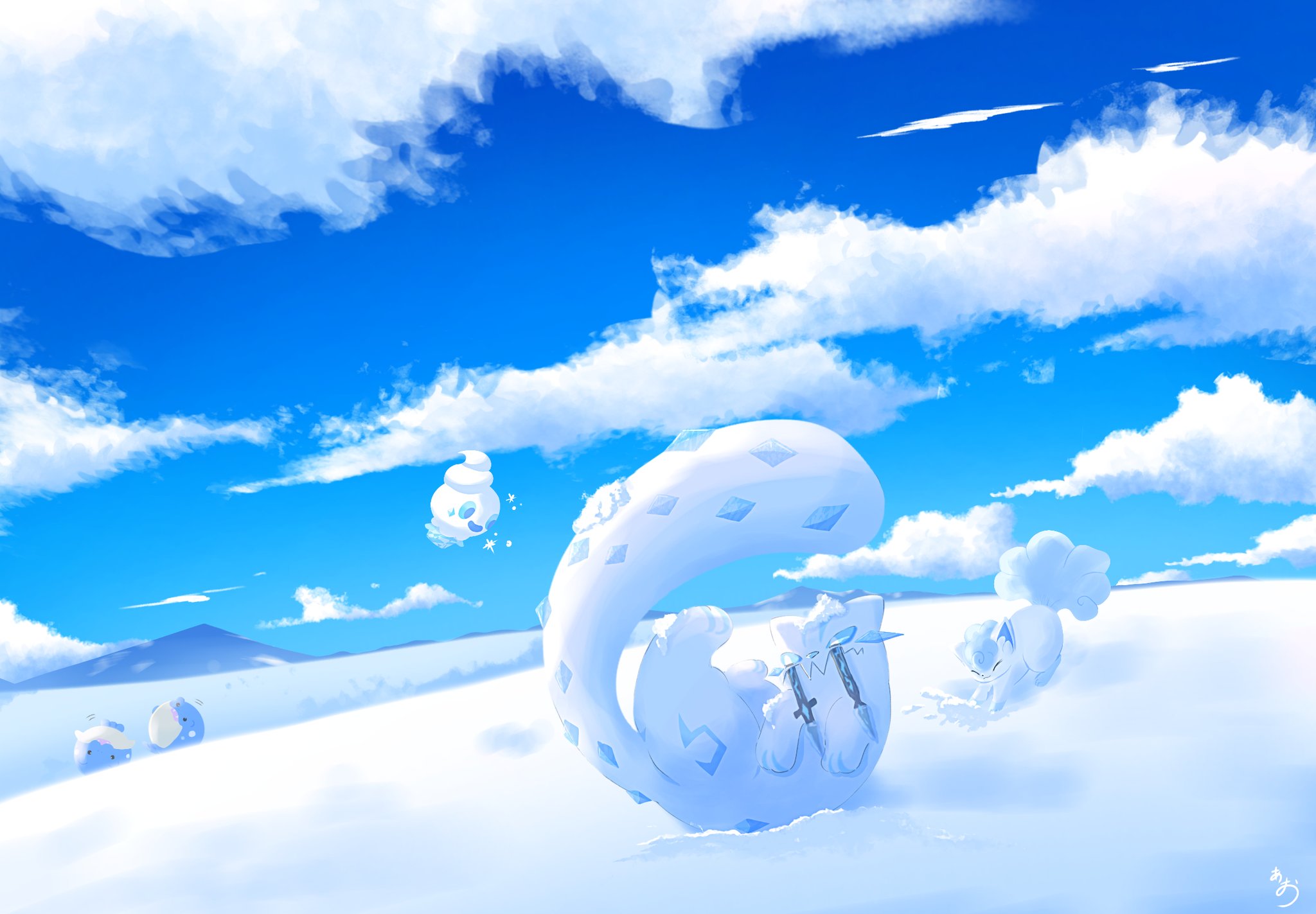 Safebooru - alolan vulpix animal focus blue eyes blue sky chien-pao ...