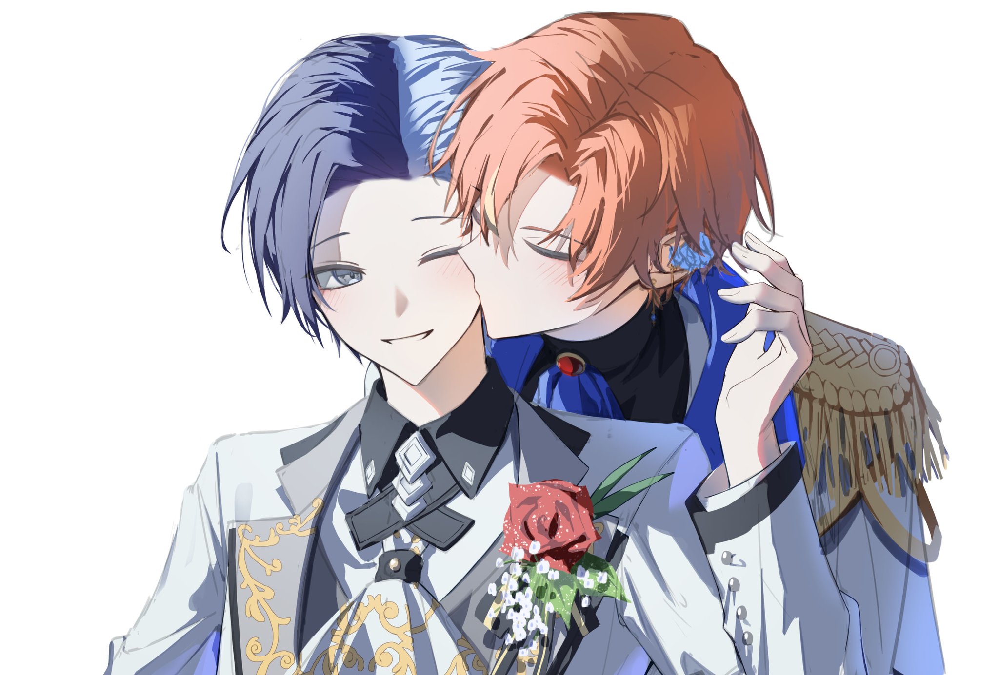 Safebooru - 2boys aktuchoego aoyagi touya blush closed eyes flower hand up highres kiss kissing ...