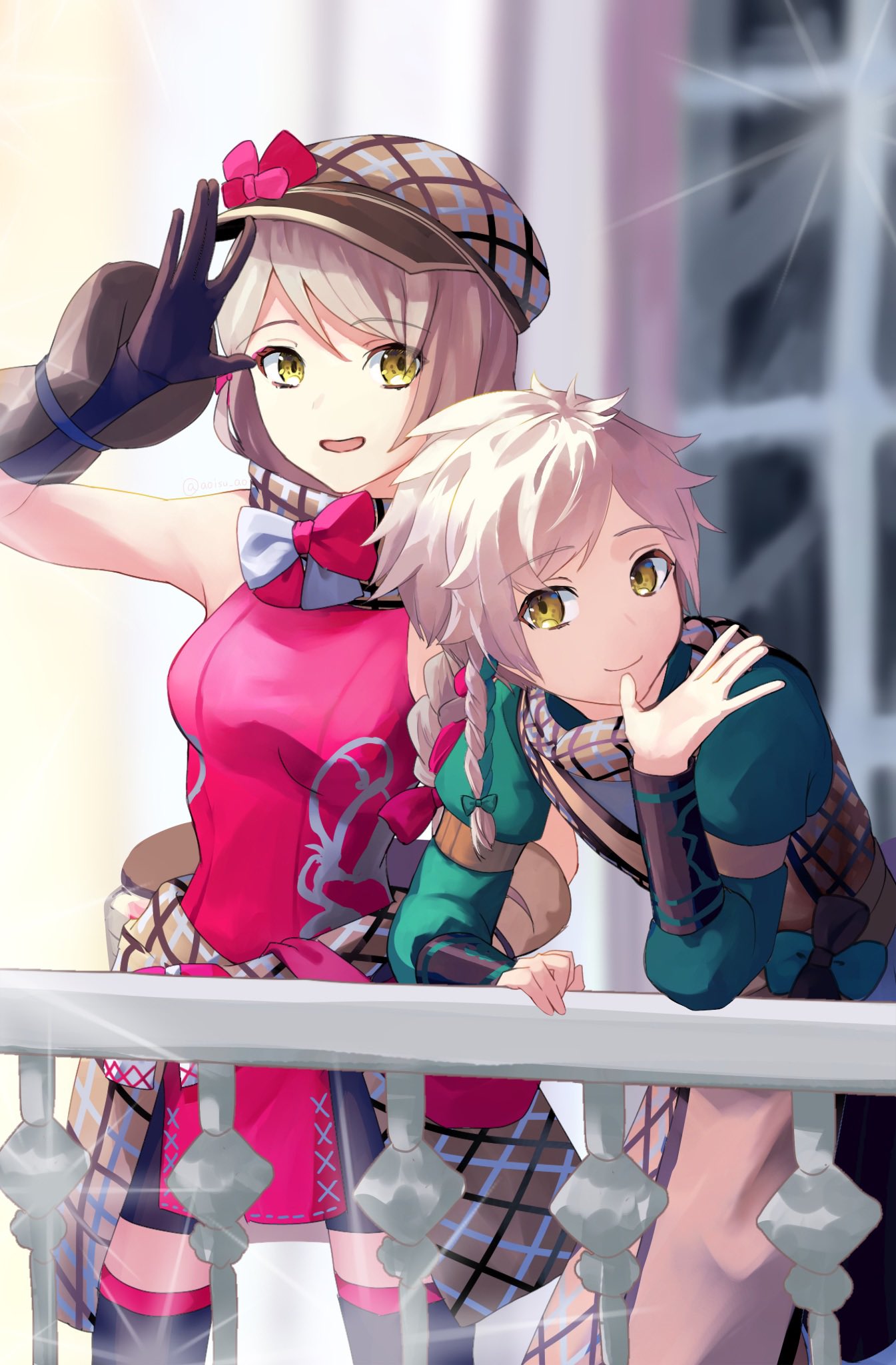Safebooru - 1boy 1girl aoisu ao balcony bow braid brother and sister ...