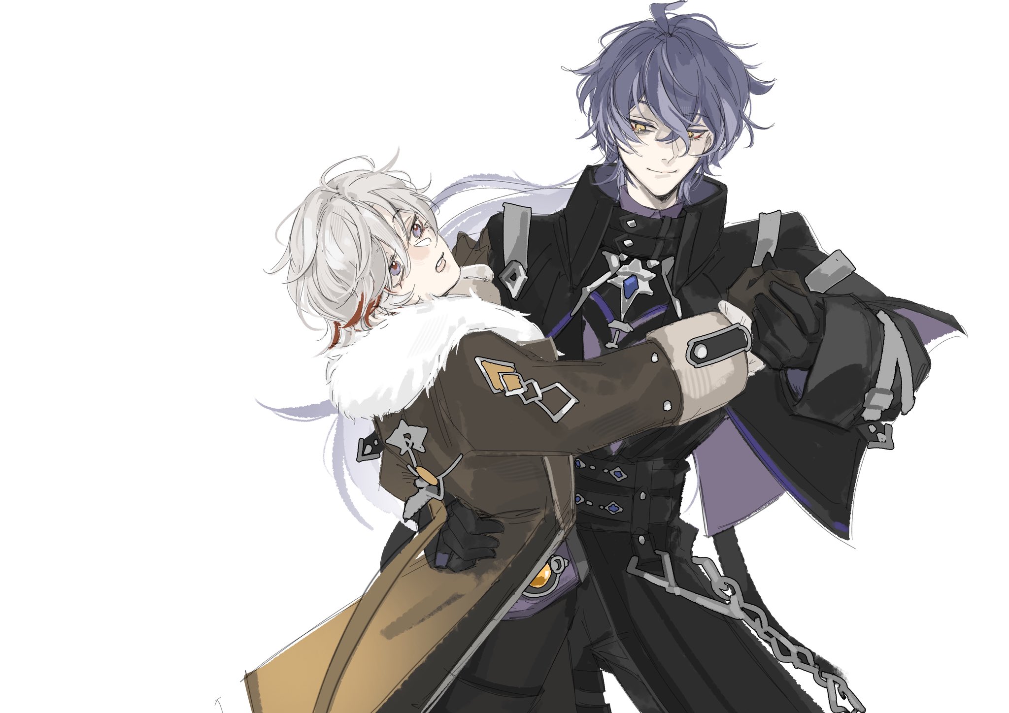 Safebooru - 2boys ahoge black gloves cowboy shot dancing flins (genshin ...