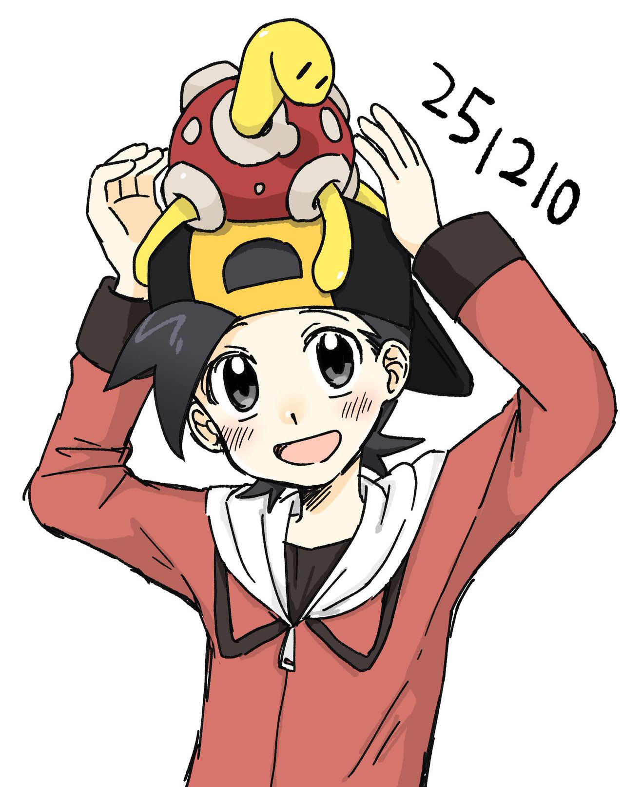 Safebooru - 1boy :d arms up backwards hat black hair black shirt ...