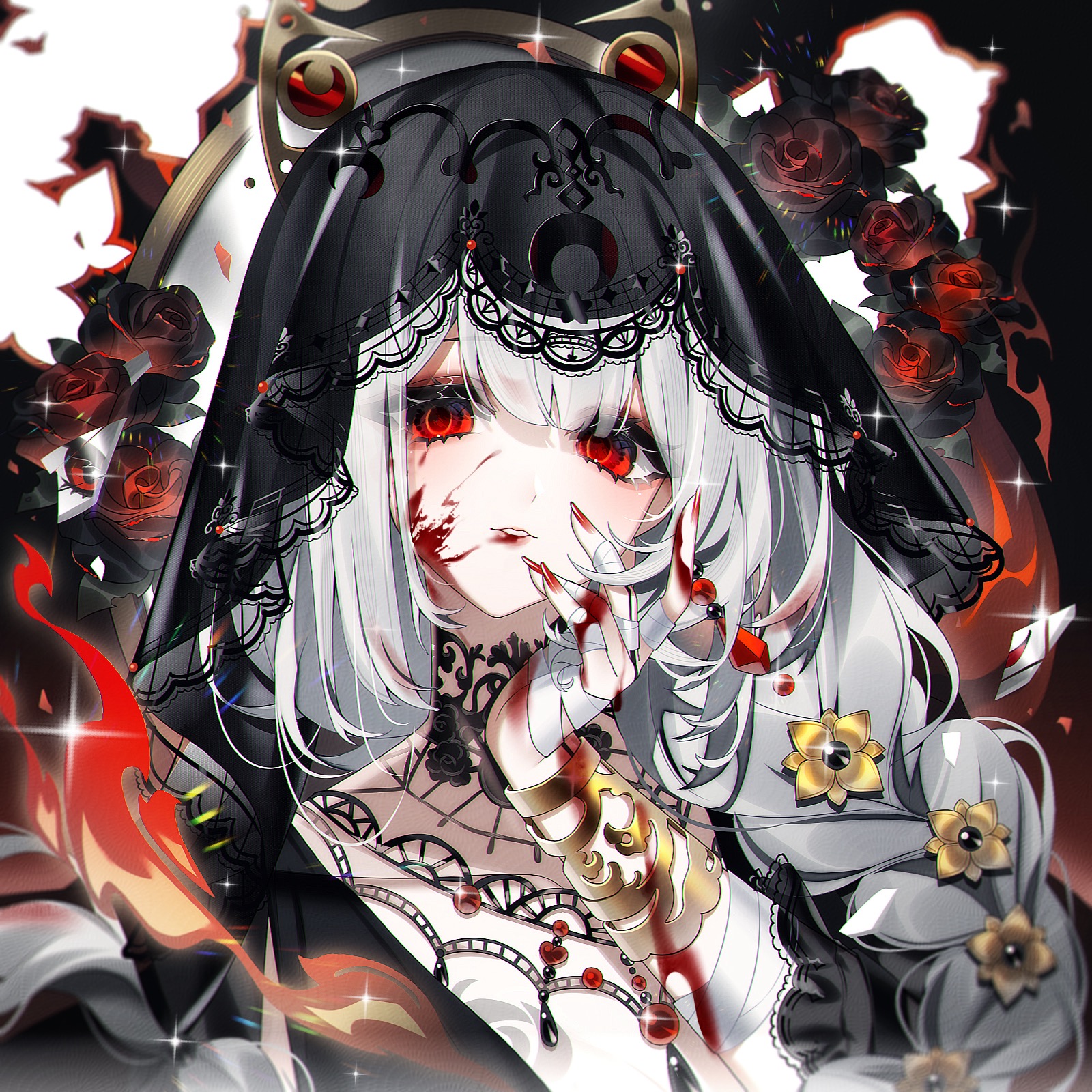 Safebooru - 1girl black dress black flower black rose black veil blood ...