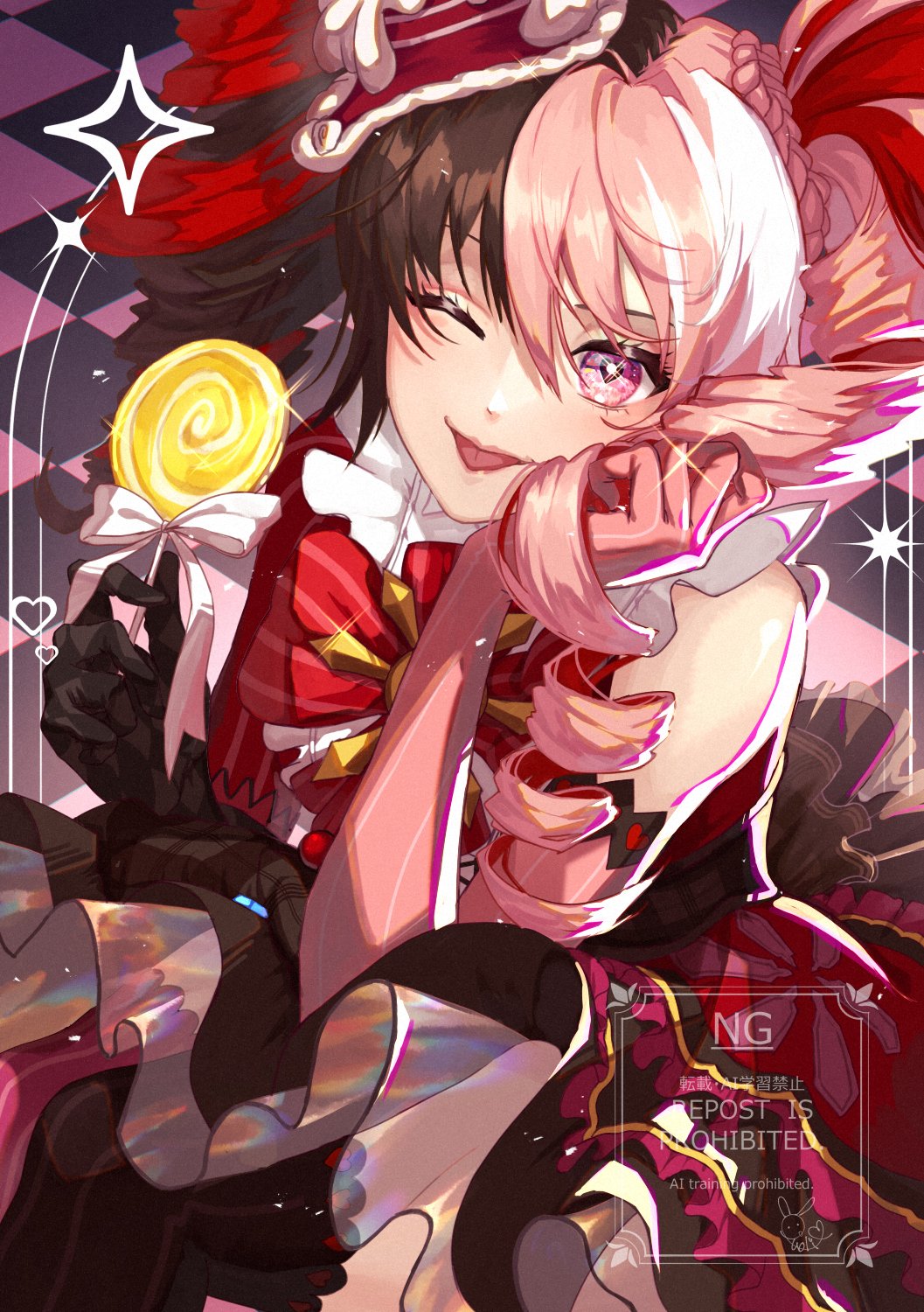 Safebooru - 1girl argyle background asymmetrical gloves black gloves ...