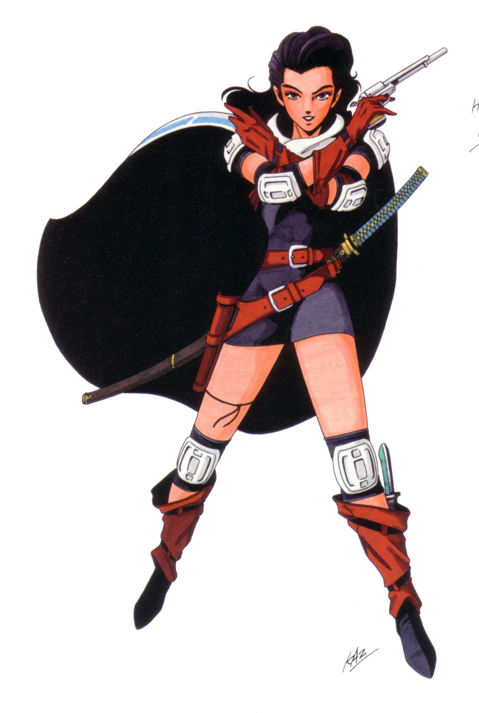 Safebooru - 1990s (style) 1girl artist name black hair cape gun handgun ...