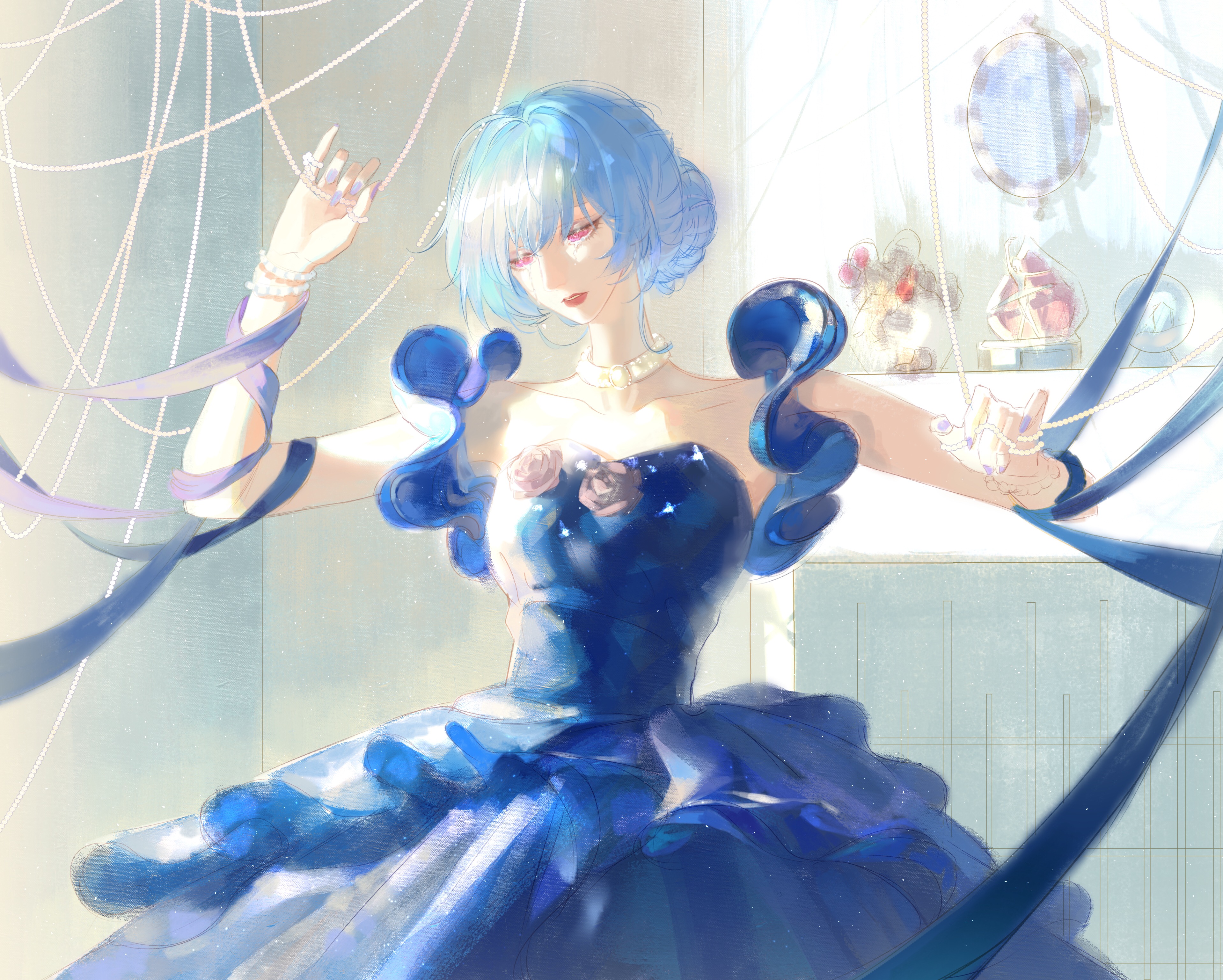 Safebooru - 1girl absurdres bead bracelet beads blue dress blue hair ...