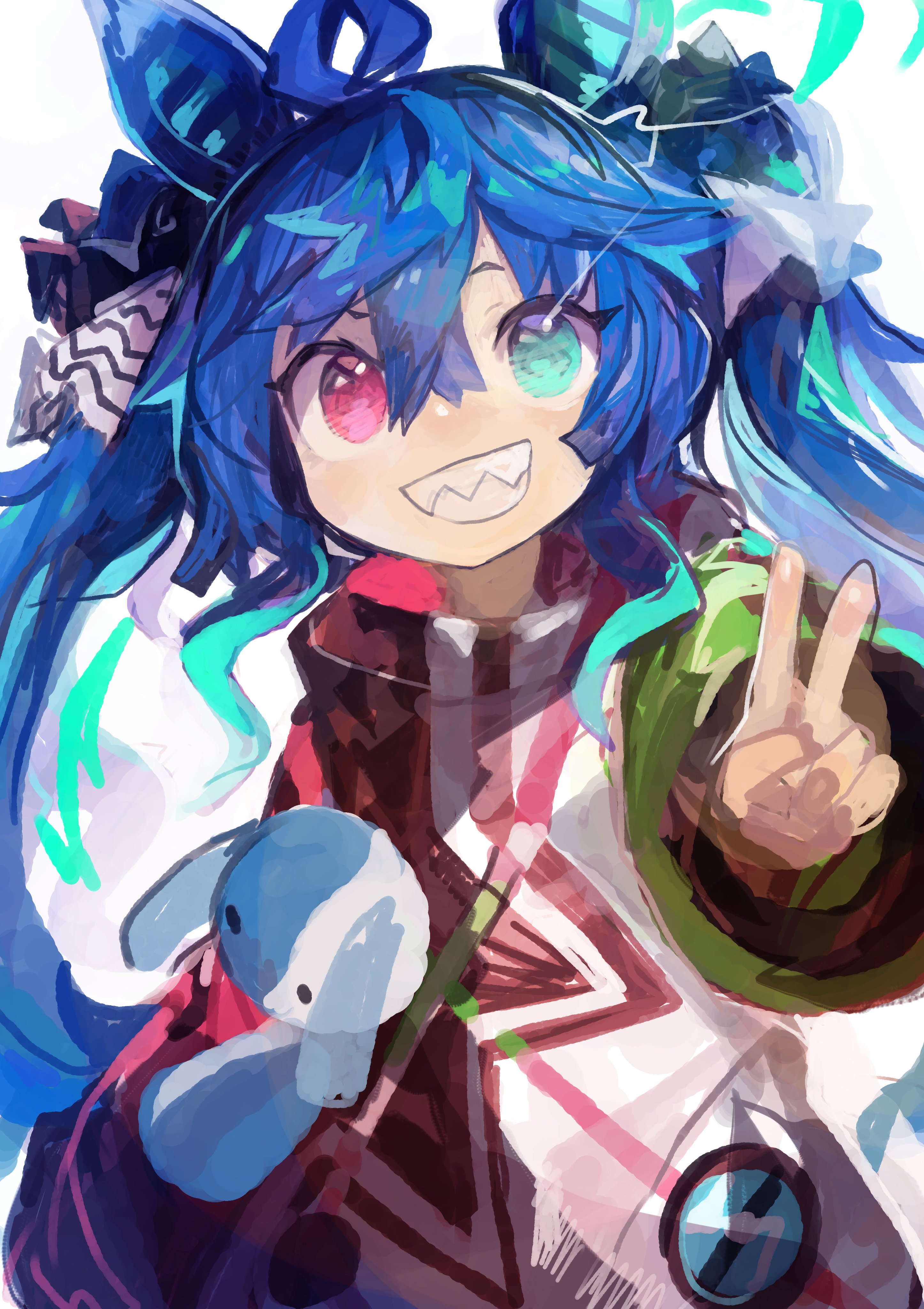 Safebooru - 1girl absurdres ahoge animal ears aqua eyes arm at side blue hair grin hair between ...