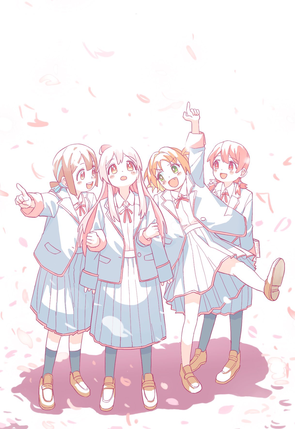 Safebooru - + + 4girls :d :o arm up blue hair blunt bangs brown eyes brown hair cherry blossoms ...