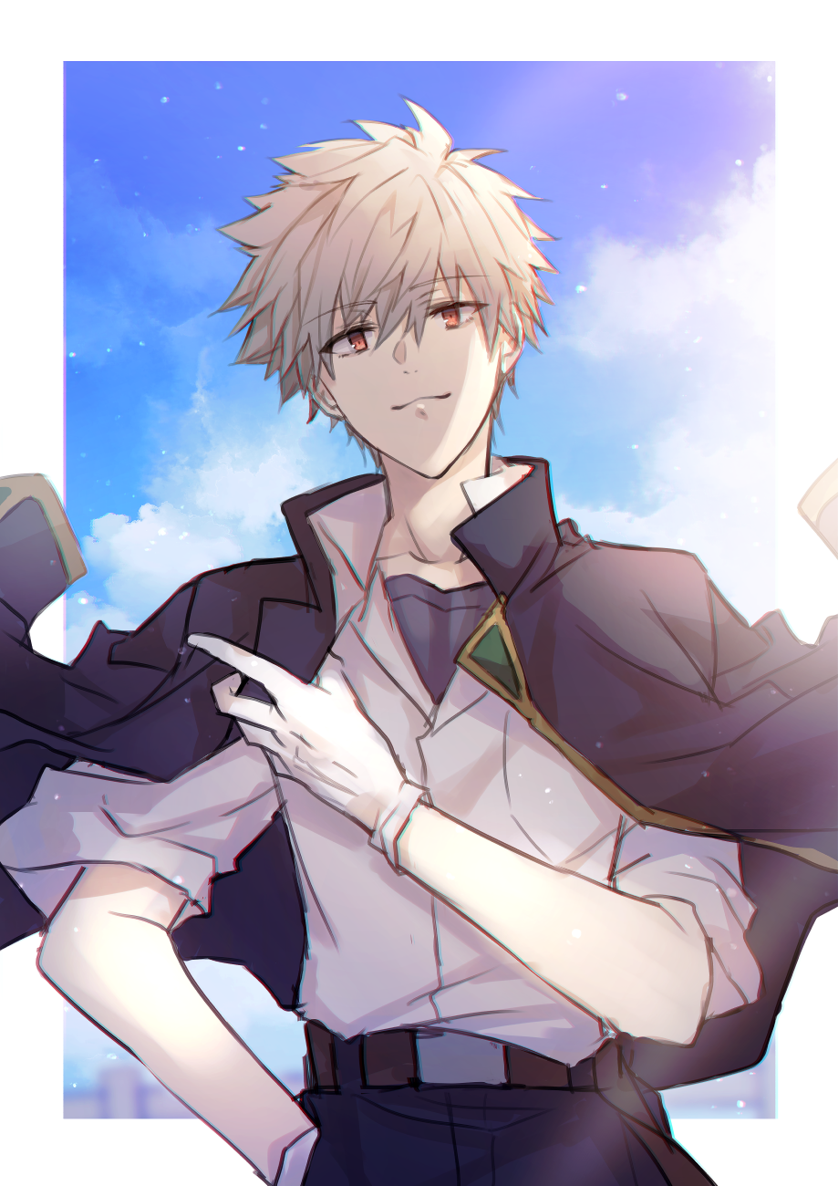 Safebooru - 1boy belt black jacket black pants black shirt blue background blue sky border brown ...