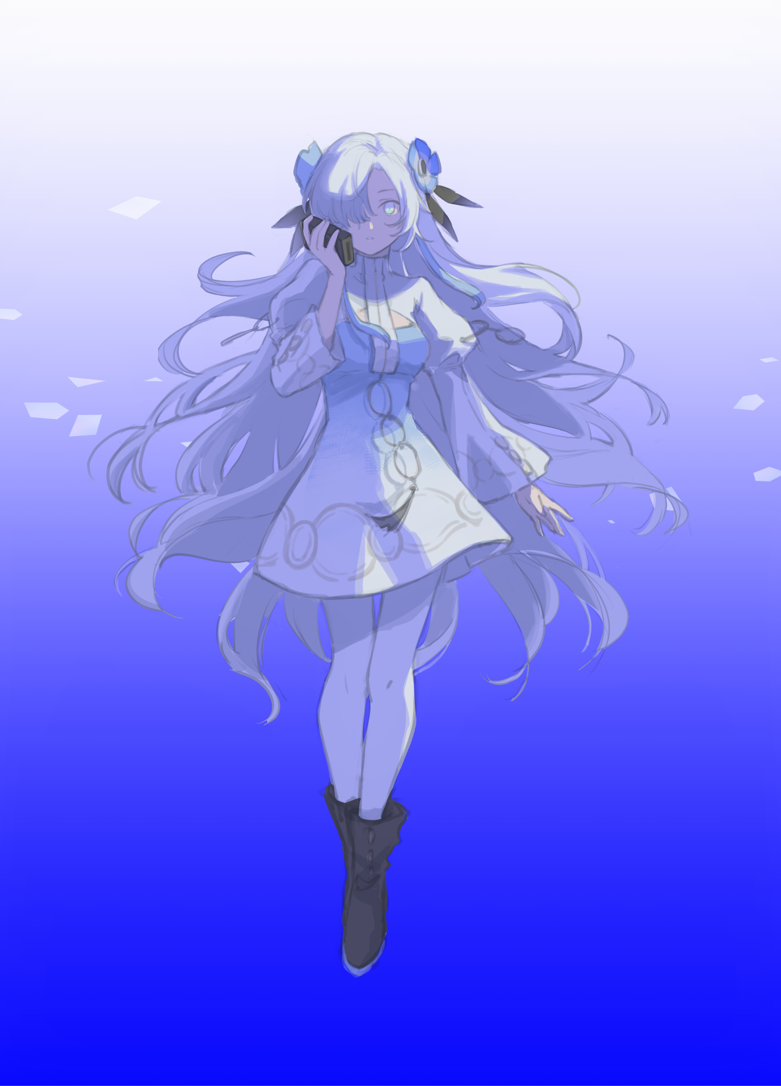 Safebooru - 1girl blue background blue dress blue eyes blue flower blue hair boots cleavage ...