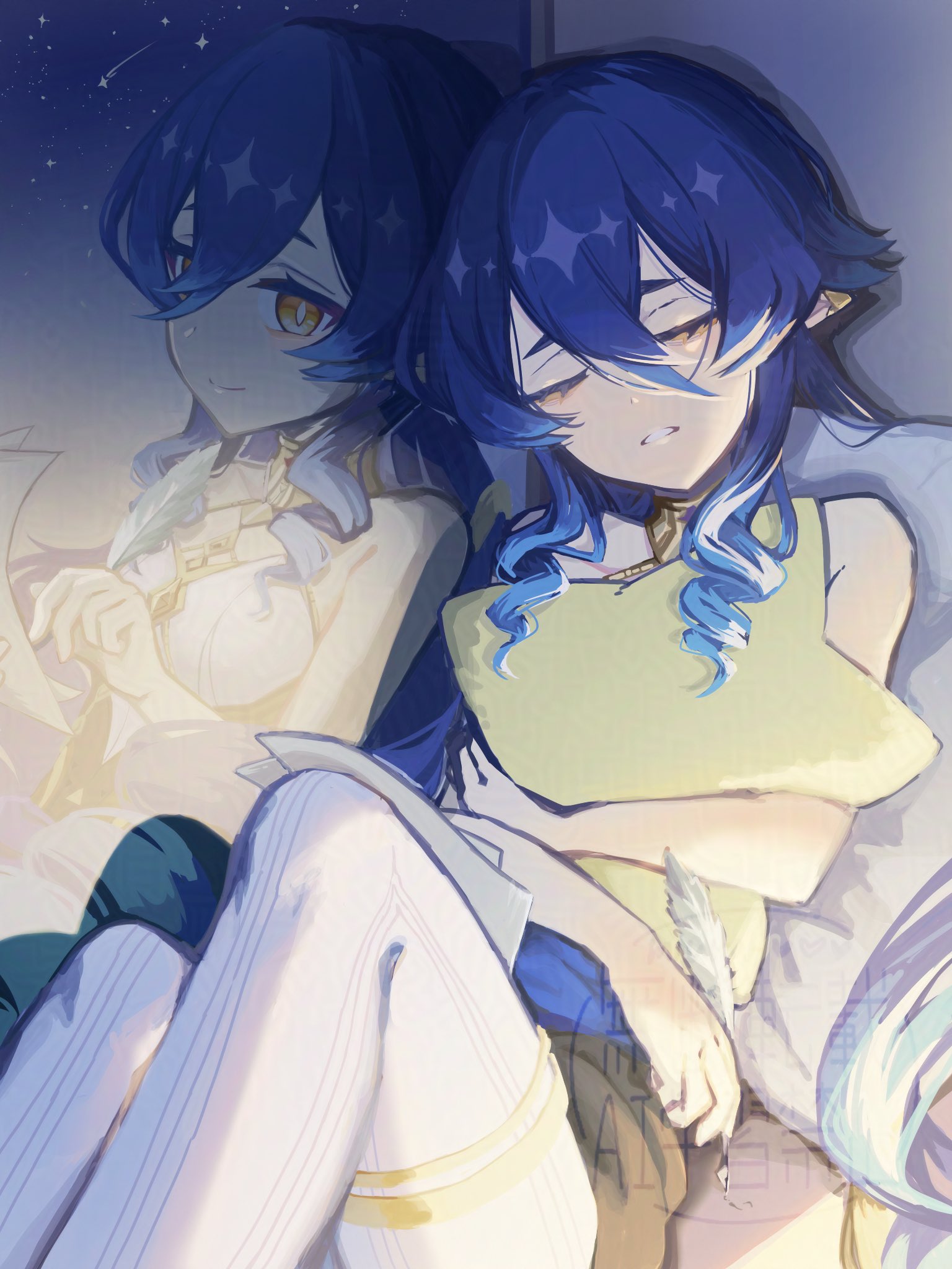 Safebooru - 1girl bare shoulders blue hair closed eyes different ...