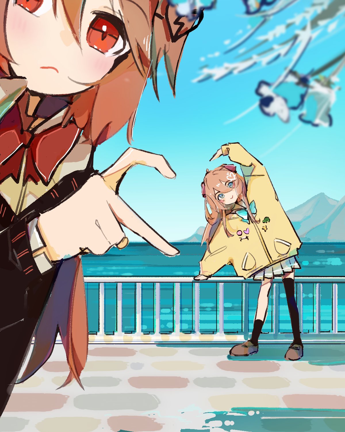 Safebooru - 2girls :> aqua bow aqua bowtie arm up baggy clothes black ...