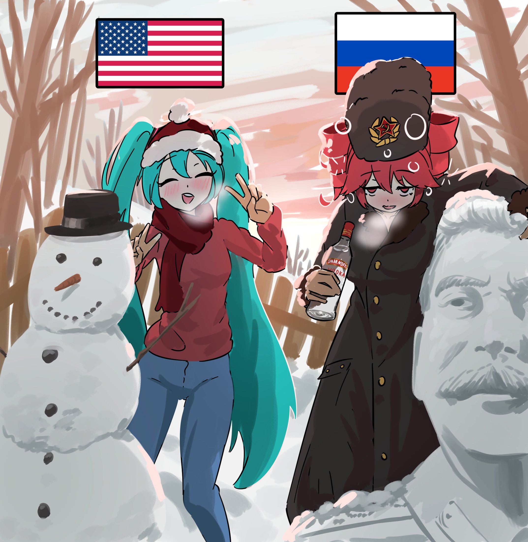 Safebooru - 2girls ^ ^ alcohol american flag aqua hair black coat blush ...