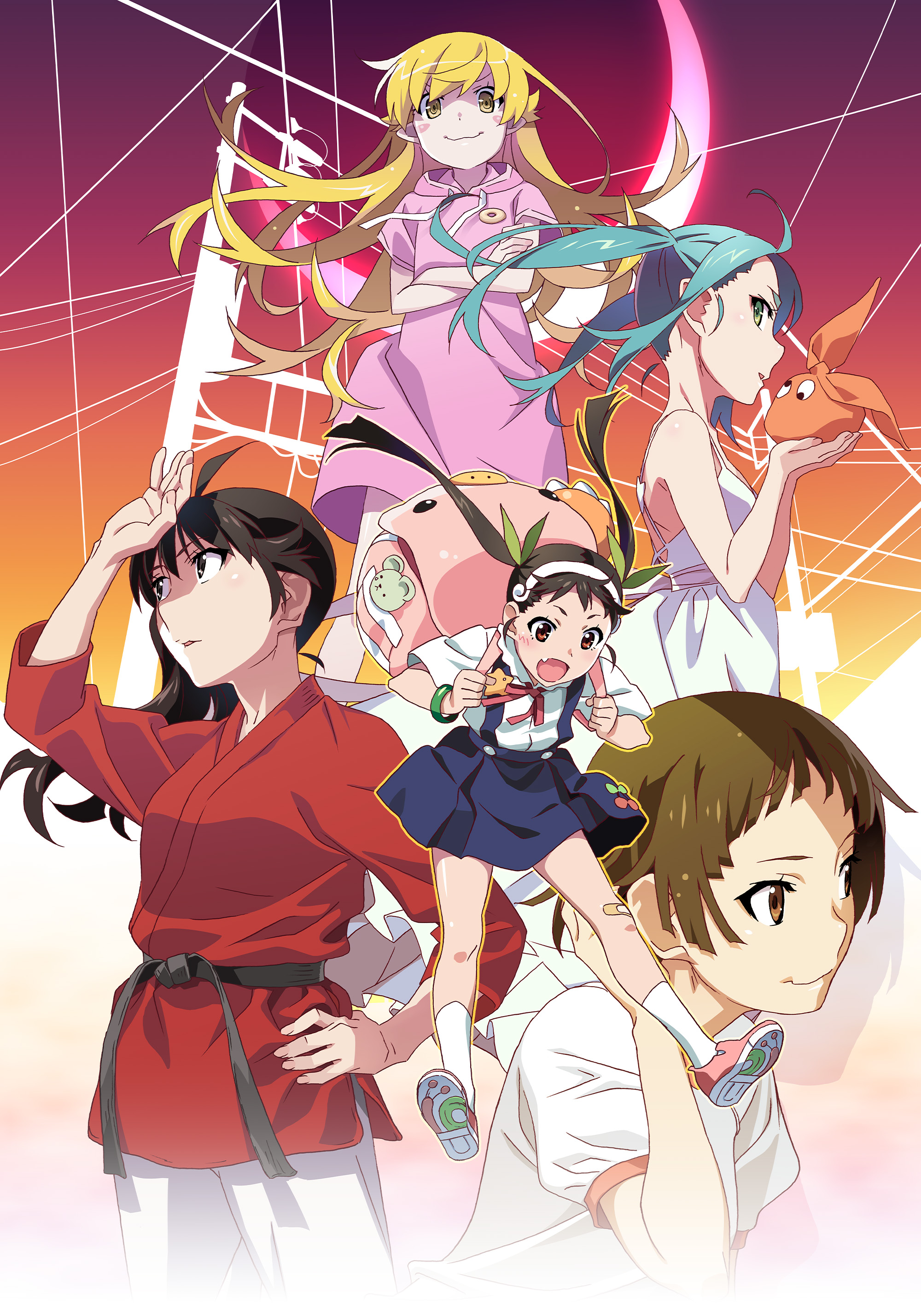Safebooru - 5girls absurdres ahoge aqua hair araragi karen arm at side ...