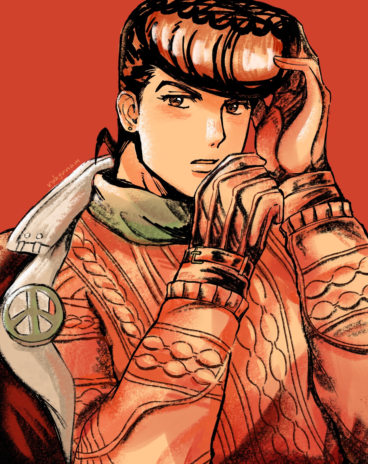 Safebooru - 1boy black jacket diamond wa kudakenai earrings gloves hand ...