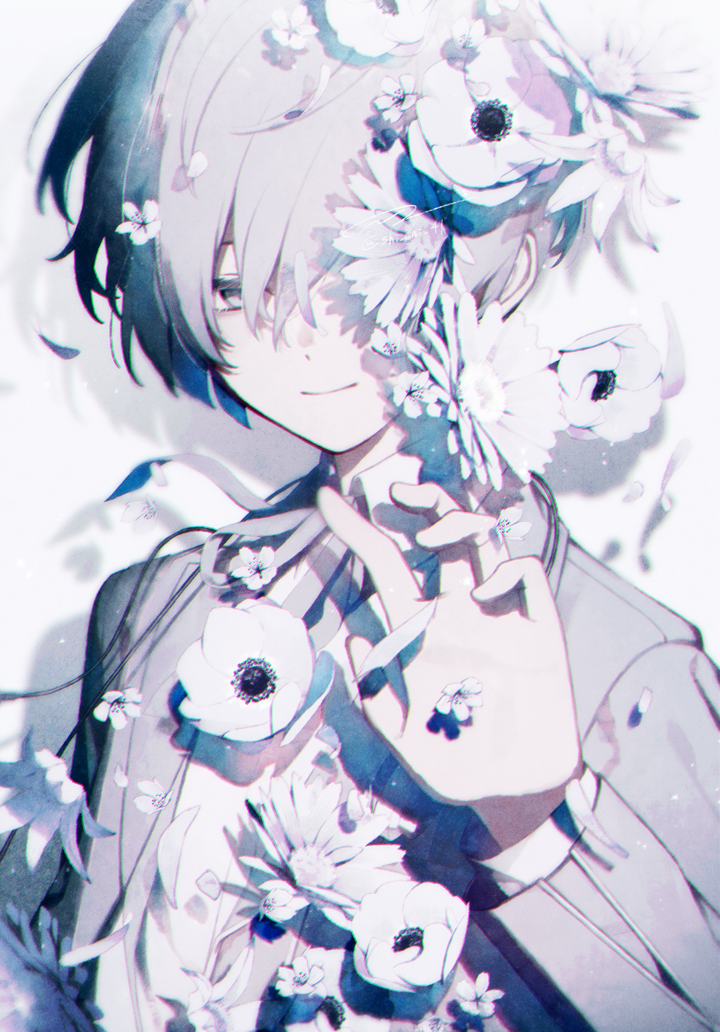 Safebooru - 1boy absurdres blue hair chromatic aberration closed mouth ...