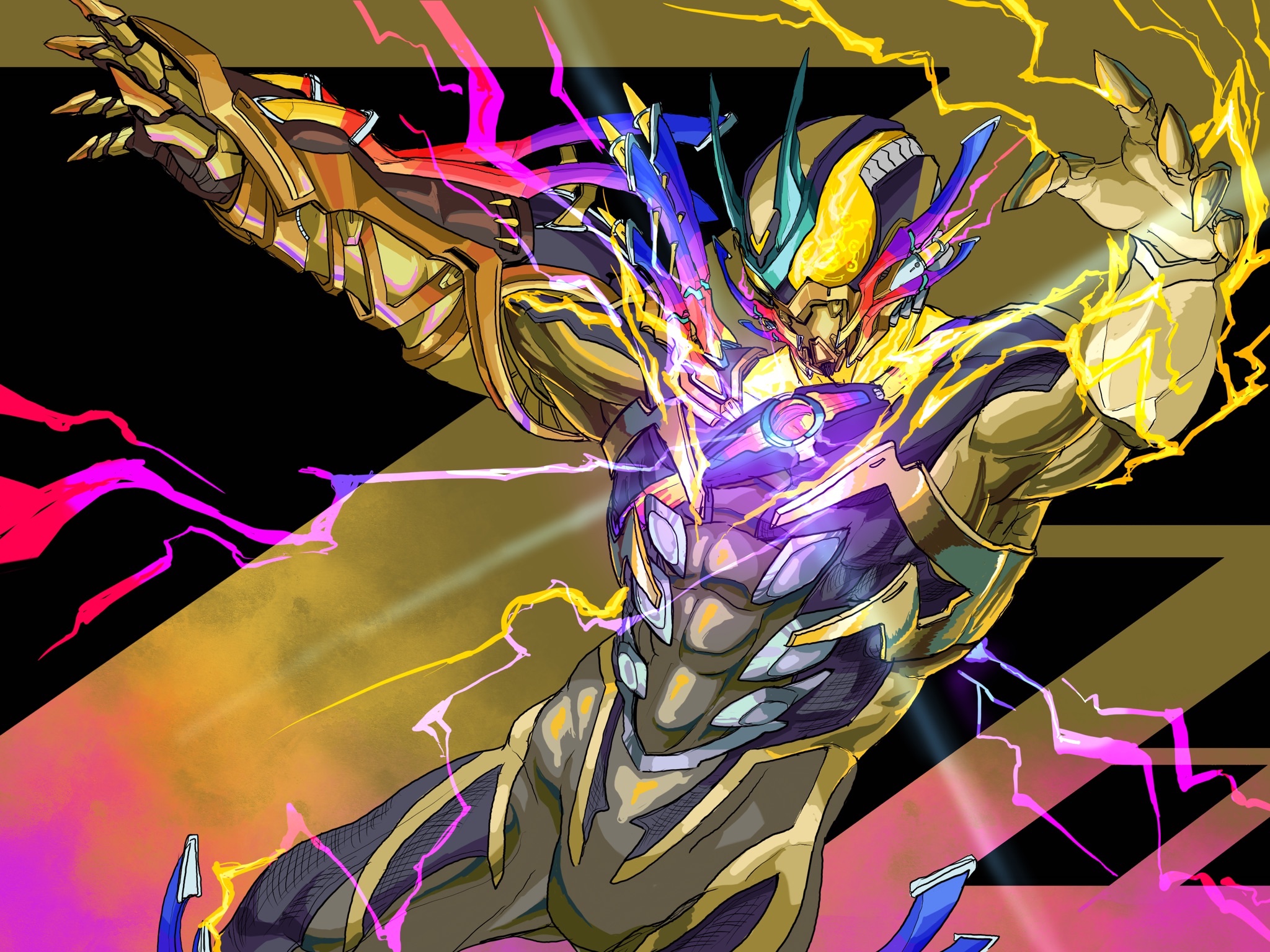 Safebooru - 1boy armor bodysuit cowboy shot electricity helmet highres ...