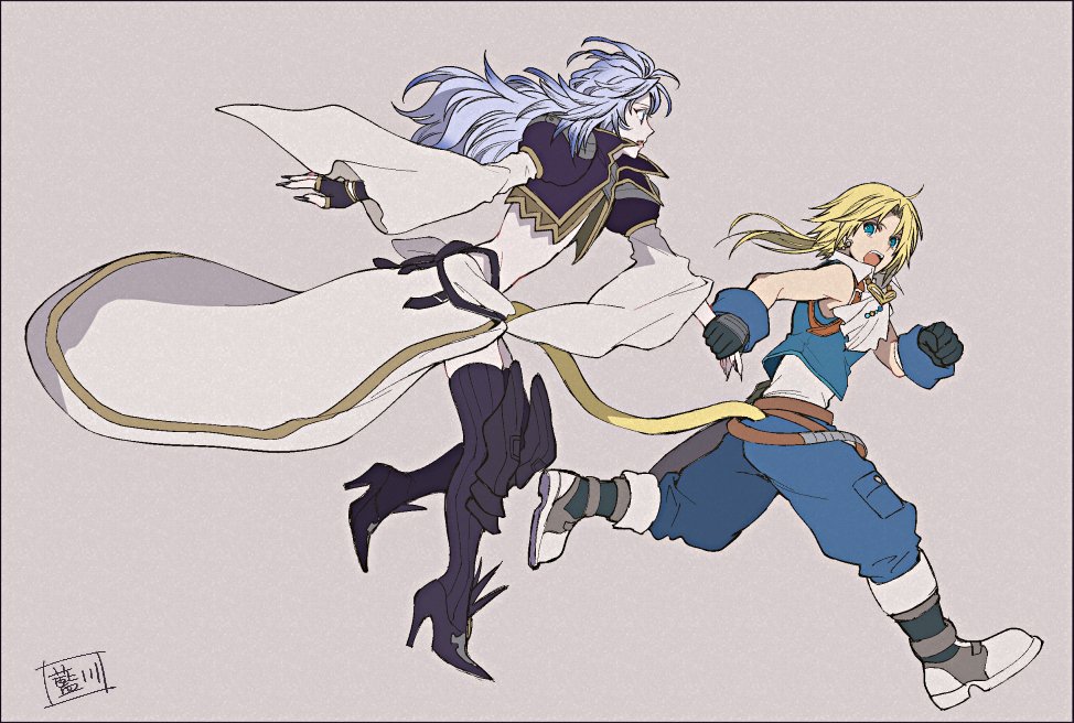 Safebooru - 2boys ascot azumi0aikawa baggy pants bare shoulders belt ...