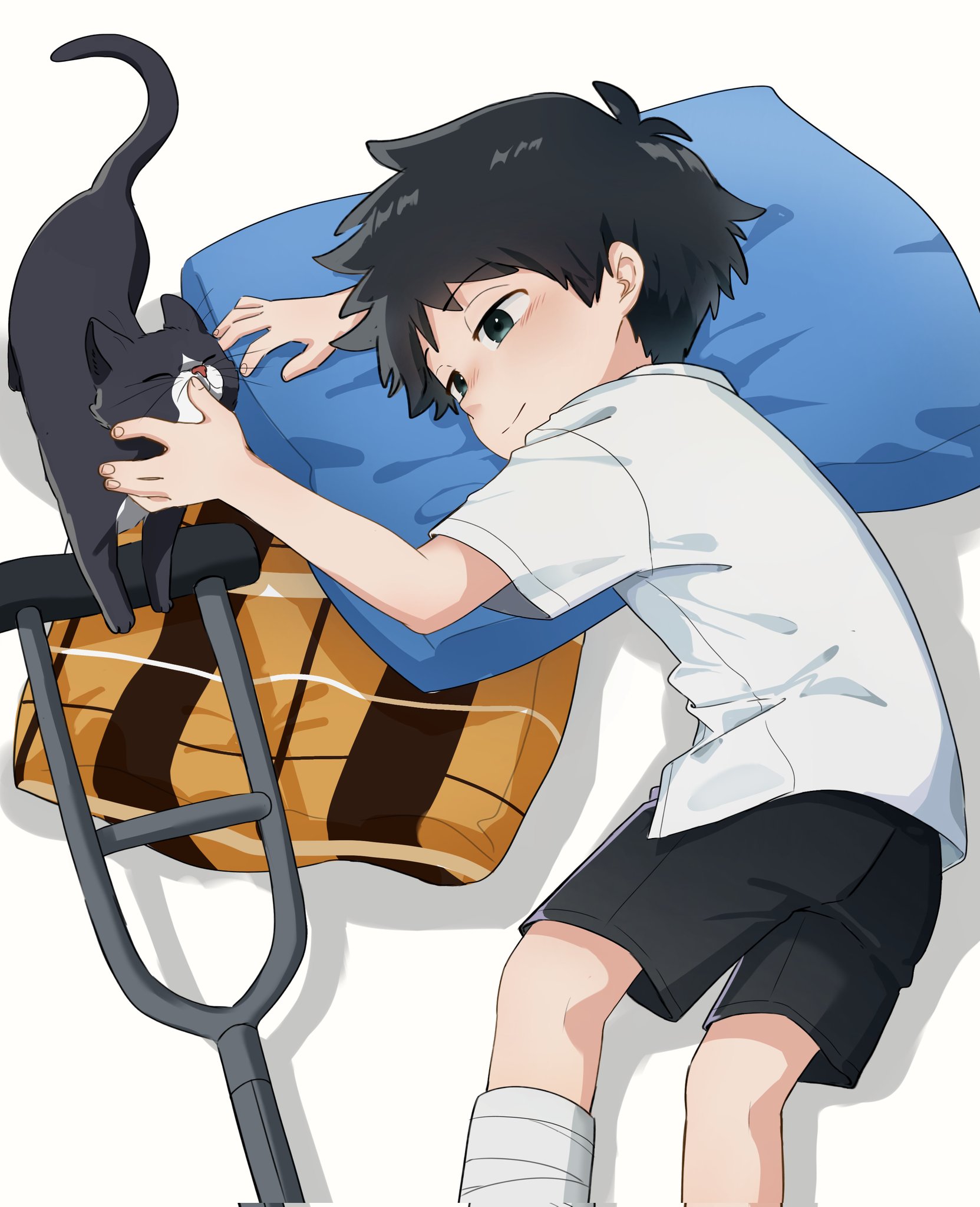 Safebooru - 1boy animal bandaged leg bandages black cat black eyes ...