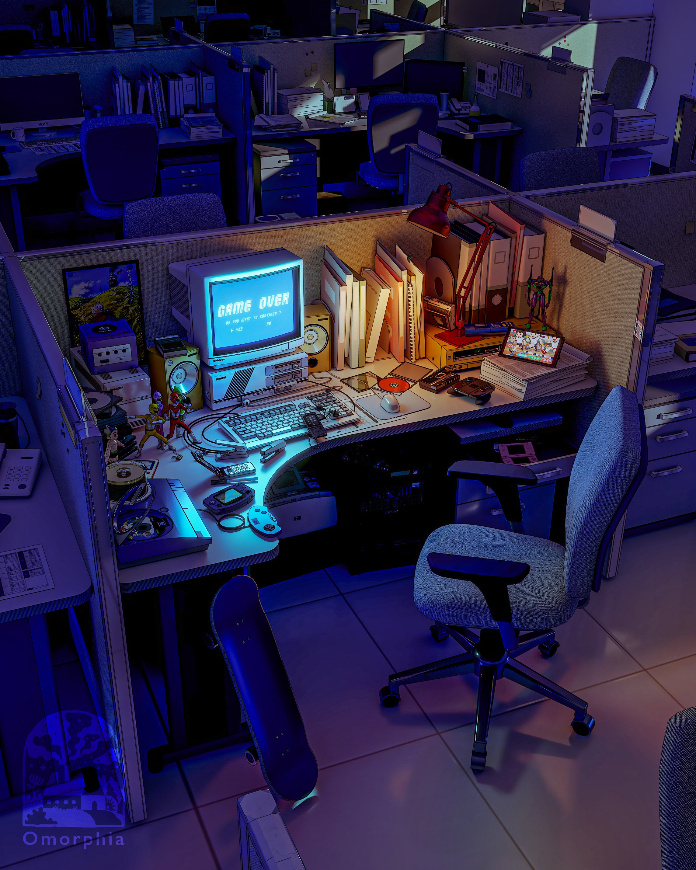 Safebooru - absurdres chair commentary computer computer mouse cubicle ...