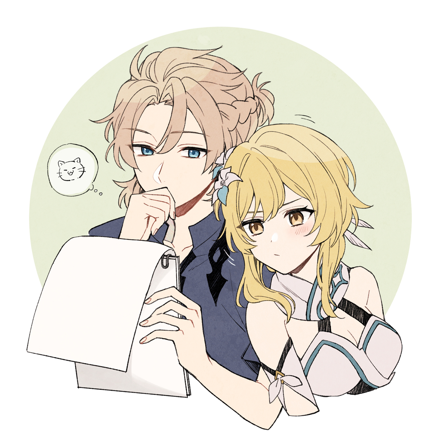 Safebooru - 1boy 1girl albedo (genshin impact) animal animal ears bare shoulders blonde hair ...