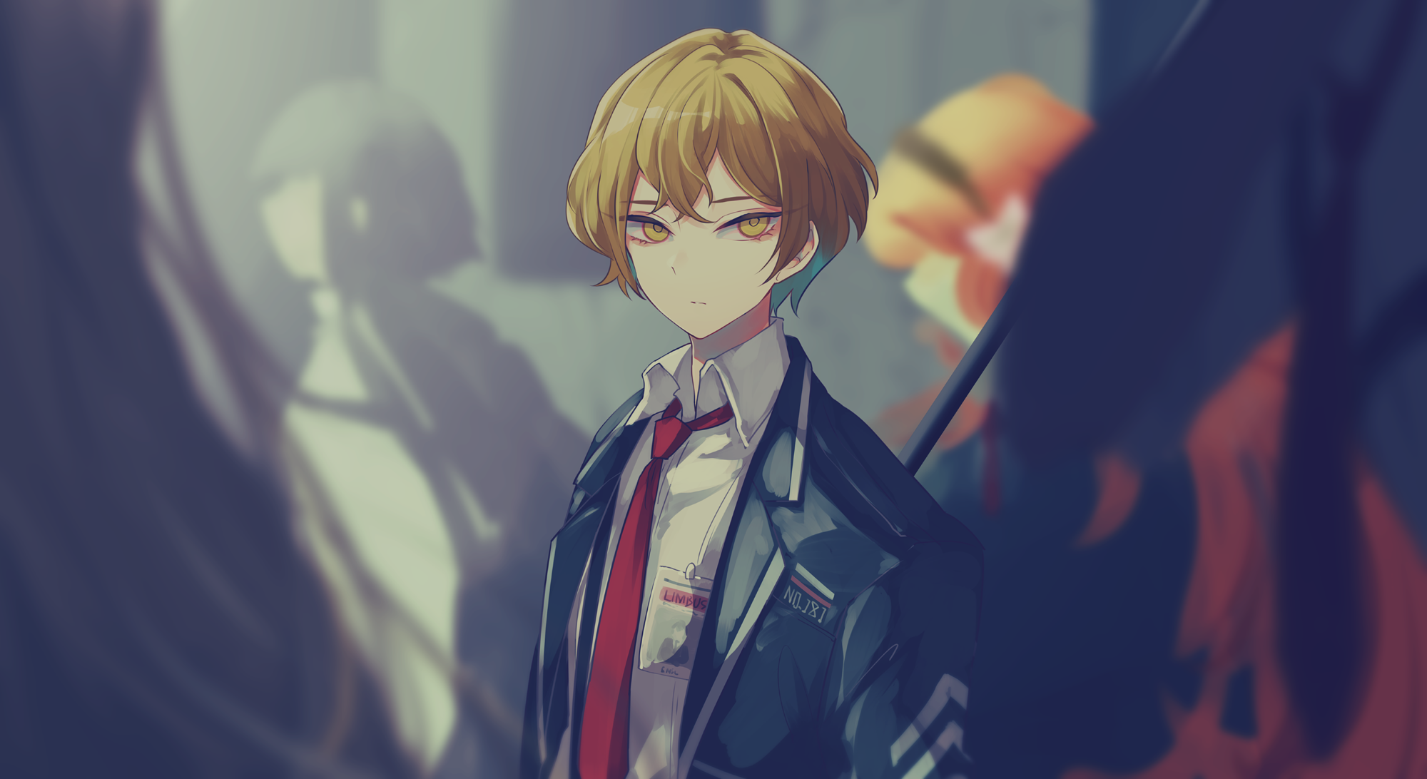 Safebooru - 1boy 2girls andkyuryuu black hair black jacket blonde hair closed mouth collared ...