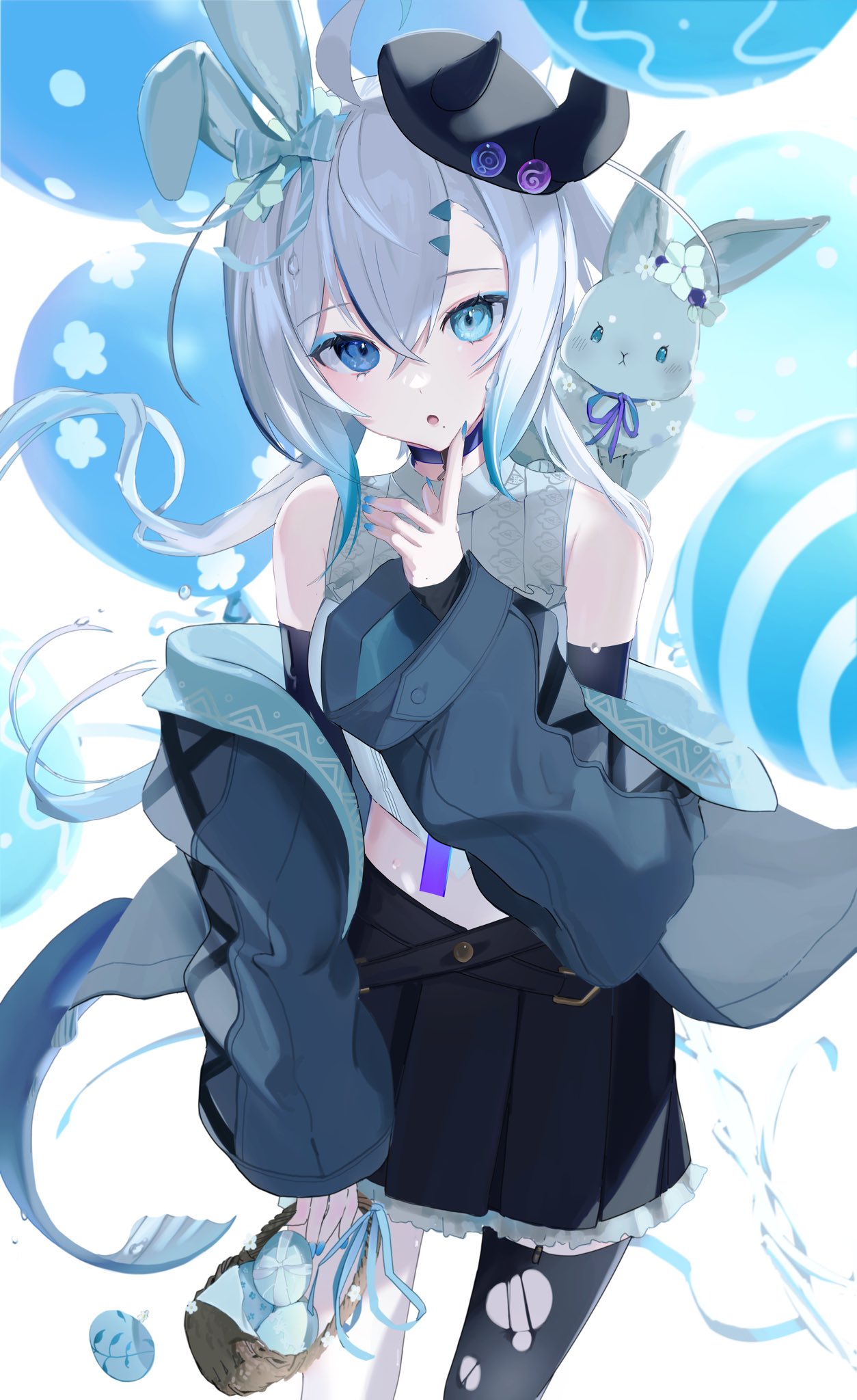 Safebooru - 1girl :o ahoge animal ears balloon bare shoulders basket black skirt black ...