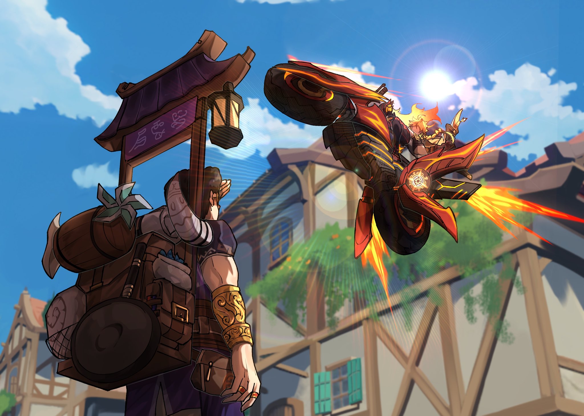 Safebooru - 1girl 2boys aether (genshin impact) backpack bag blonde ...