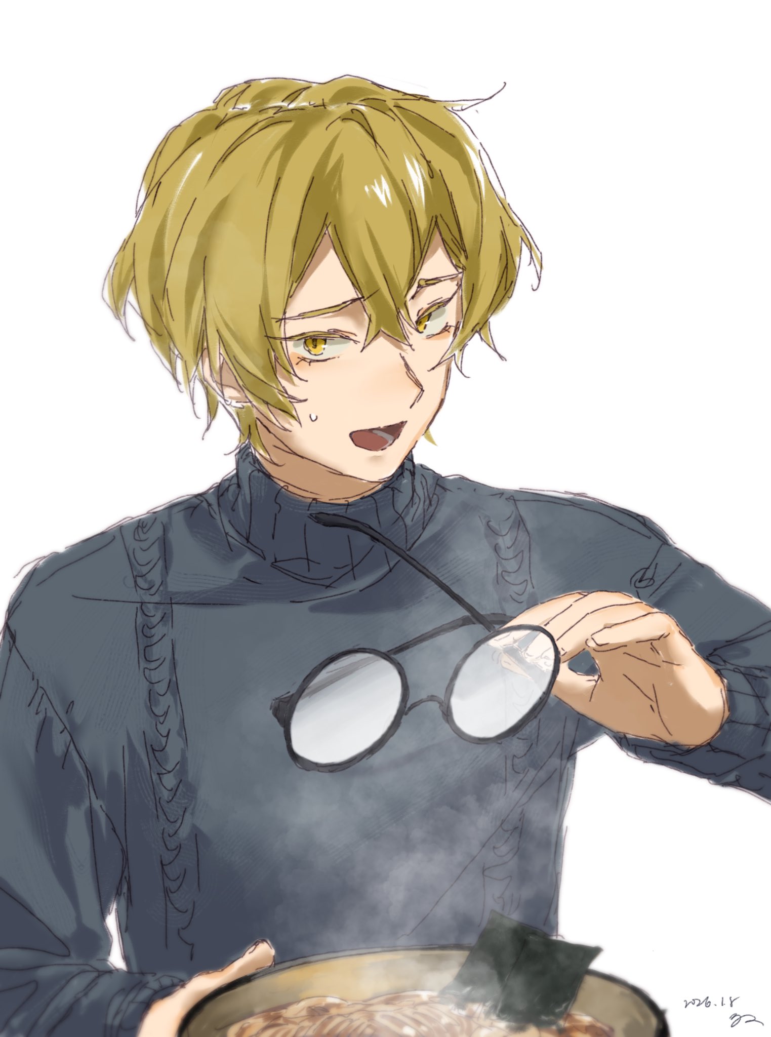 Safebooru - 1boy aitib blonde hair bowl food glasses grey sweater hair ...